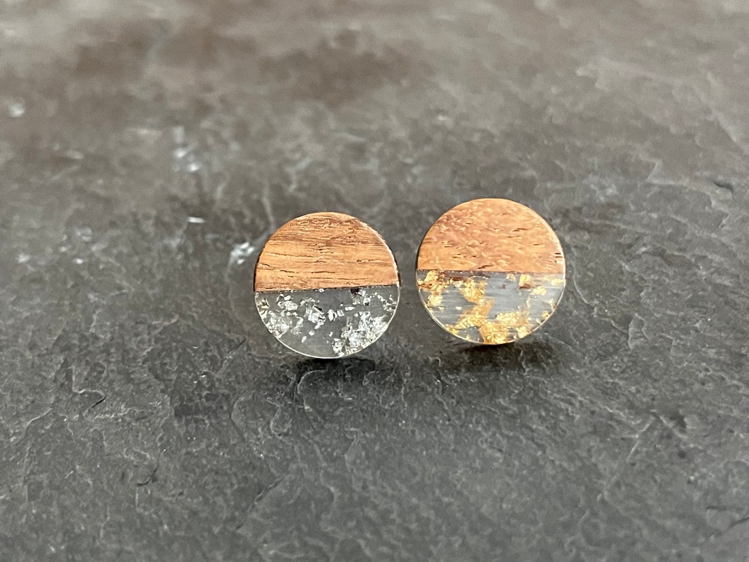 Ohrstecker aus Holz mit Resin 15mm Silber - Gold Flakes - Etsy.de