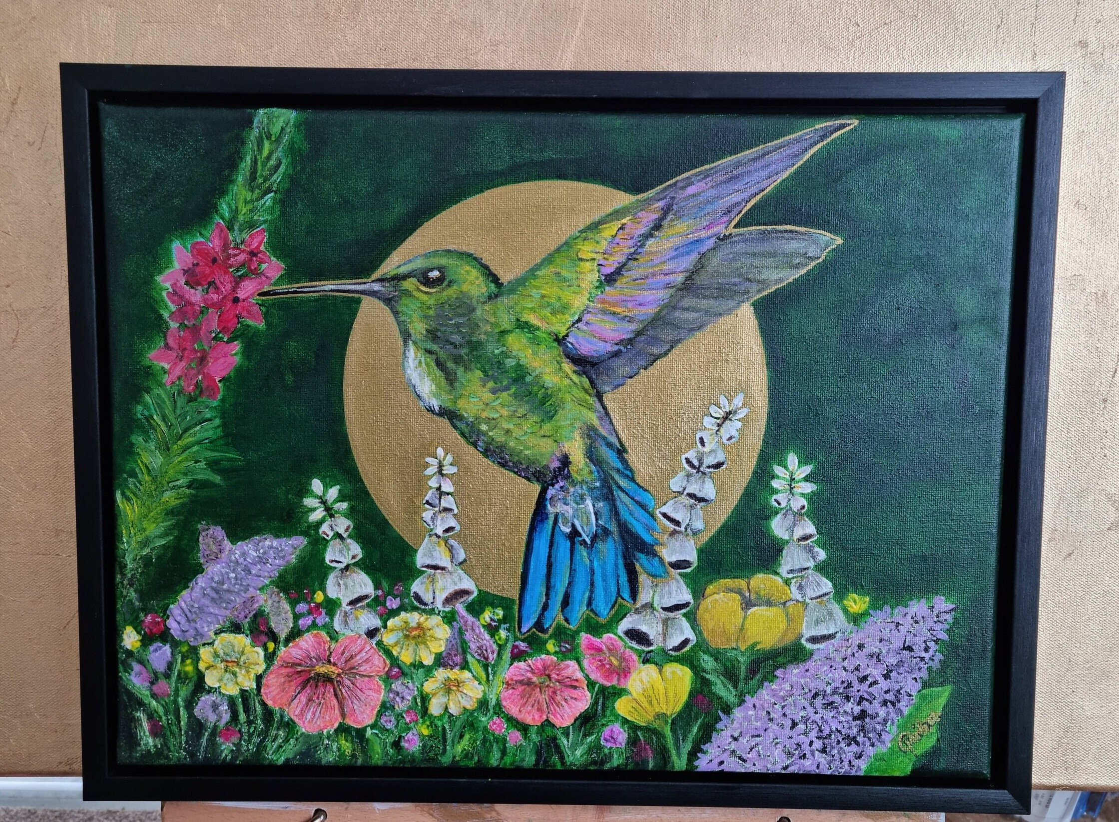 Lienzo de pintura acrílica de colibrí en marco flotante negro - Etsy México