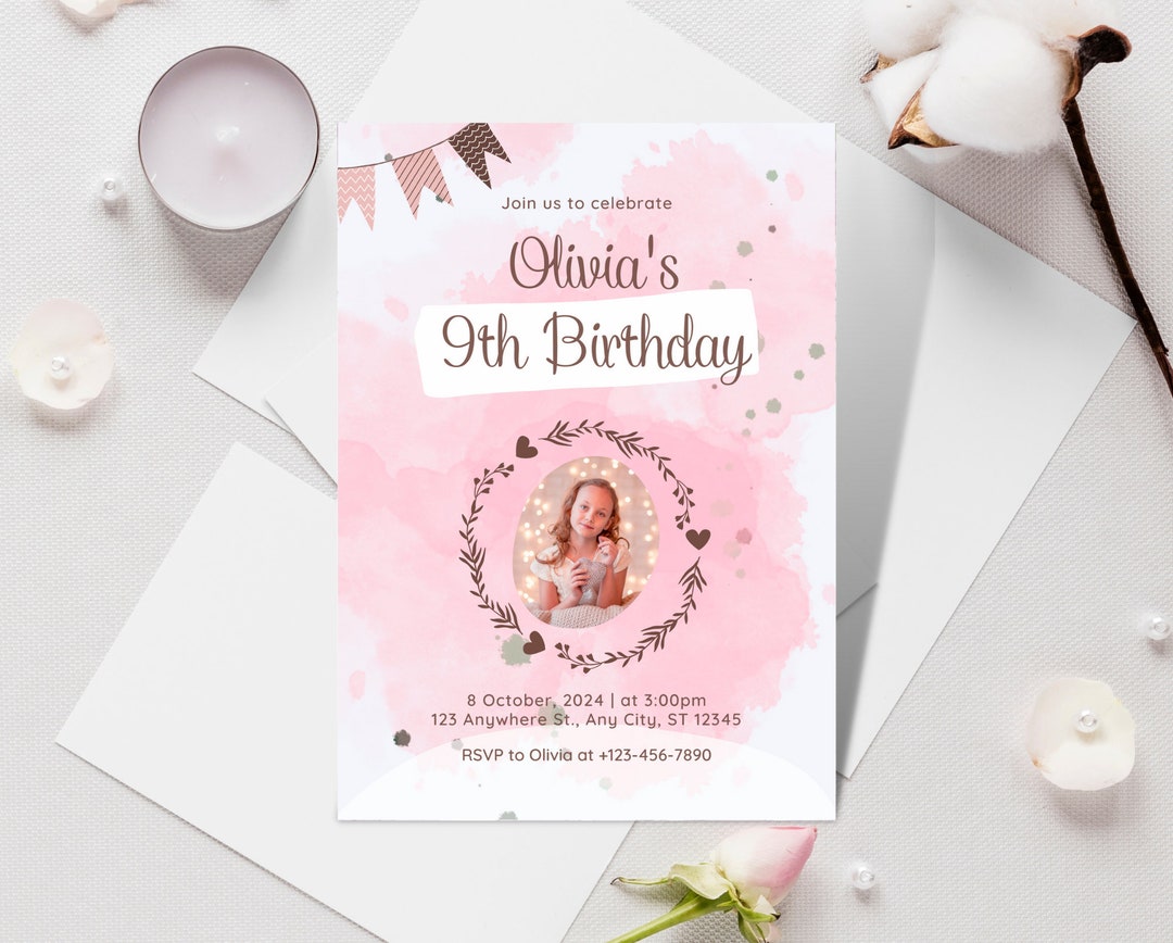Cute 9th Birthday Invitation, Edit Yourself Online, Ninth Birthday ...