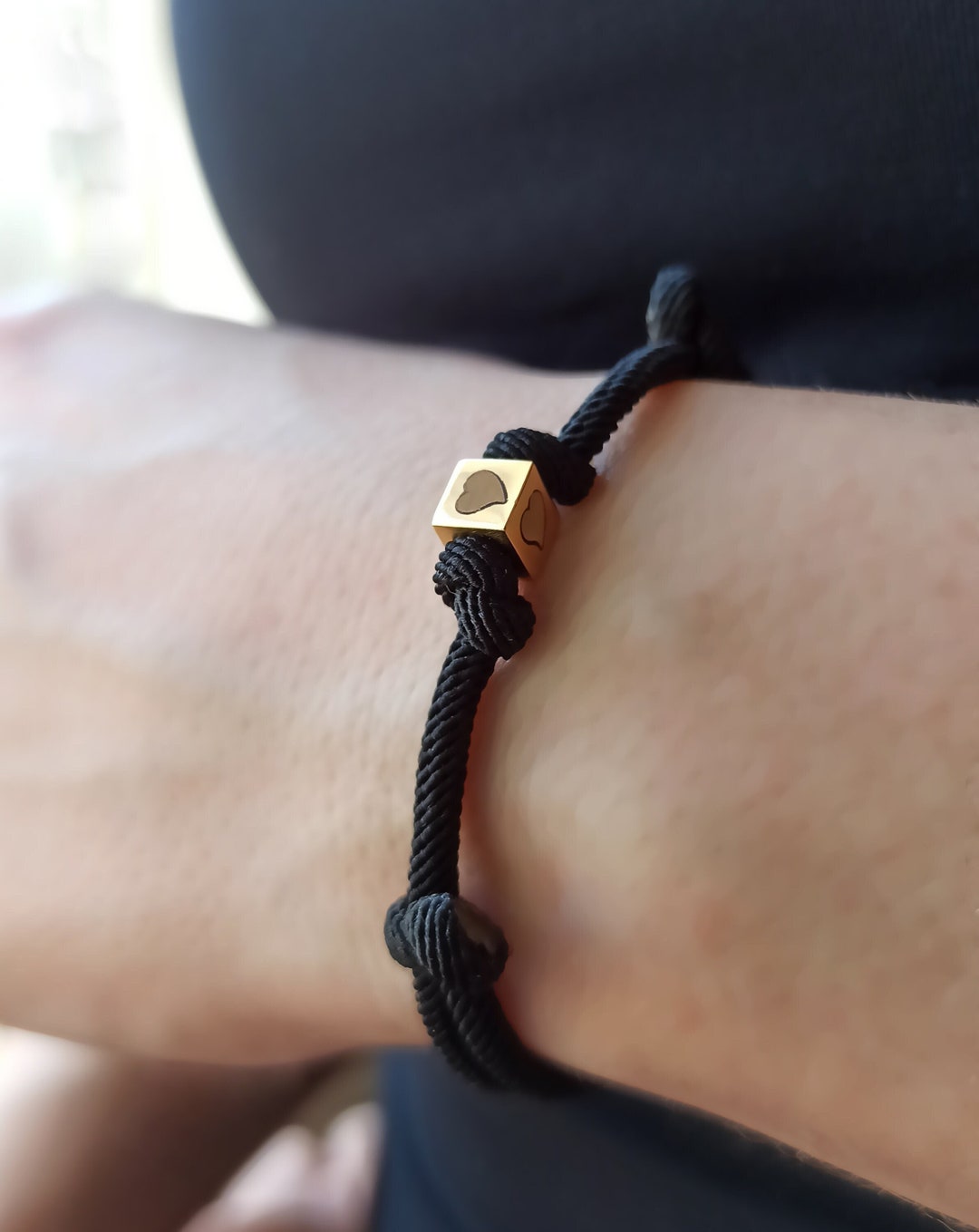 14k Solid Gold Cube Cord Bracelet, Unisex Personalized String Bracelet, Adjustable Black Rope ...