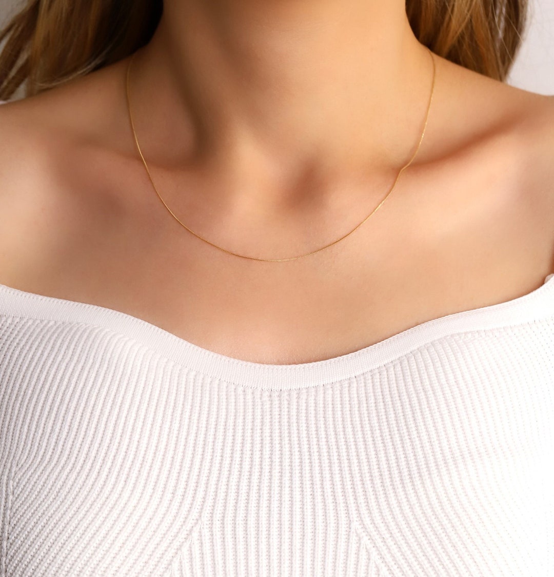 14k Solid Gold Thin Box Chain, Real Gold Chain Necklace, Solid Gold ...