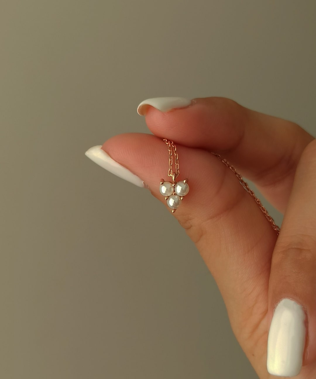 14k Solid Gold Three Pearl Necklace, Rose Gold Dainty Everyday Necklace ...