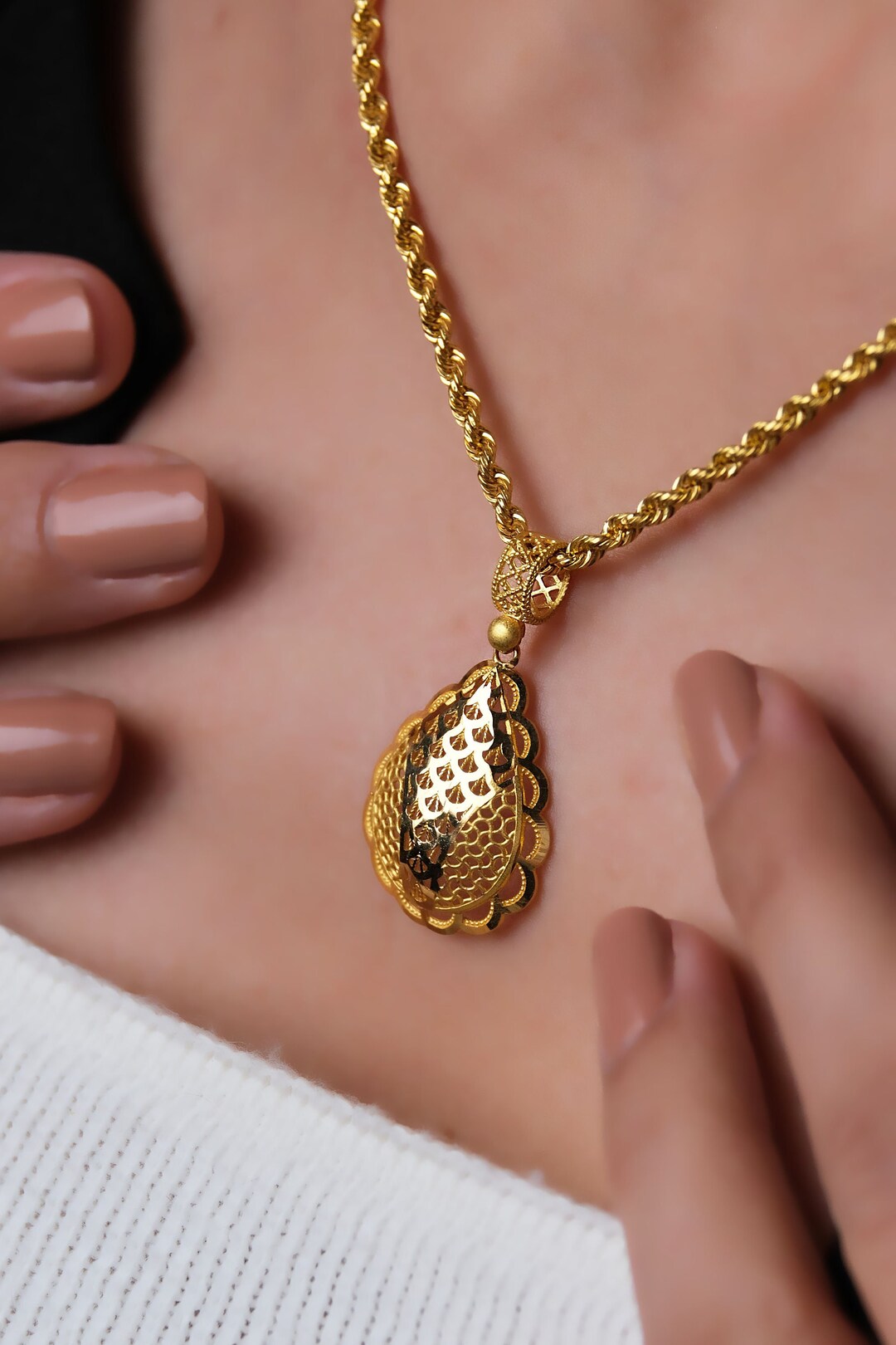 Locket Necklace in 22k Solid Gold, Real Gold Patterned Drop Pendant ...