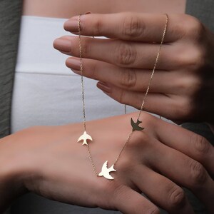 Solid Gold Birds Necklace, 14k Real Gold Birds Necklace, Three Bird ...