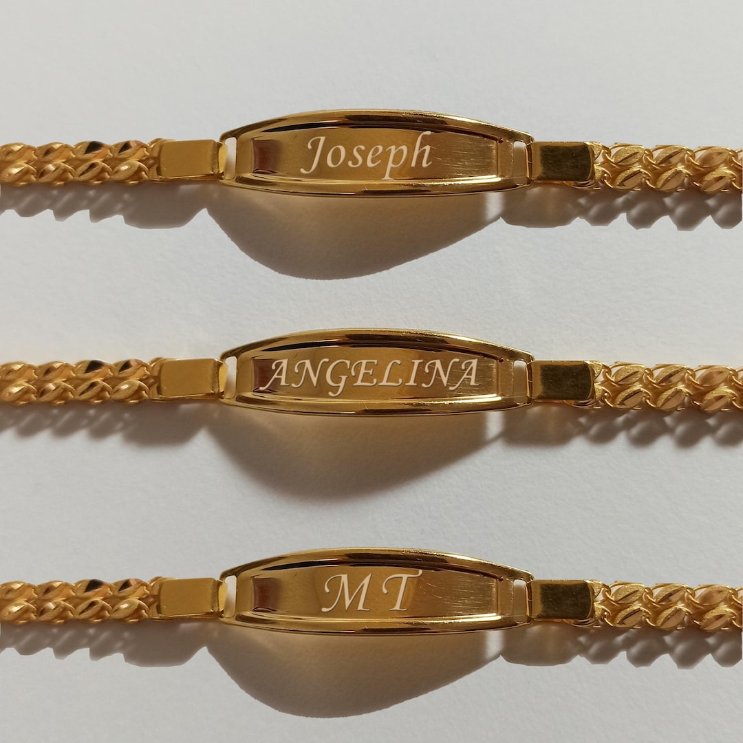 22k Solid Gold Baby Name Bracelet, Engraved Kids ID Bracelet, Initial ...