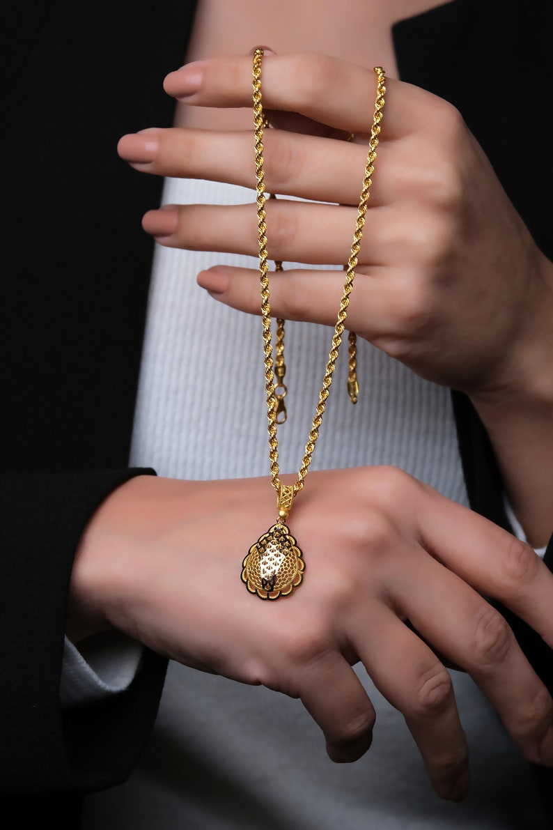 Locket Necklace in 22k Solid Gold, Real Gold Patterned Drop Pendant ...