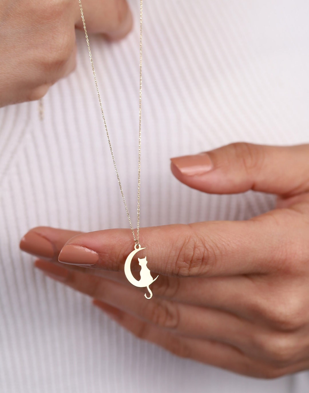 14k Solid Gold Moon and Cat Necklace, Real Gold Cat Lovers Jewelry ...