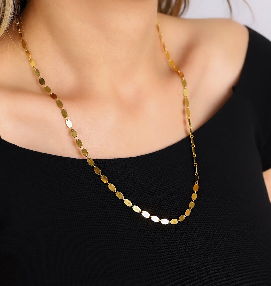 22k Solid Gold Oval Sequin Chain Necklace, Real Gold Glitter Mirror ...
