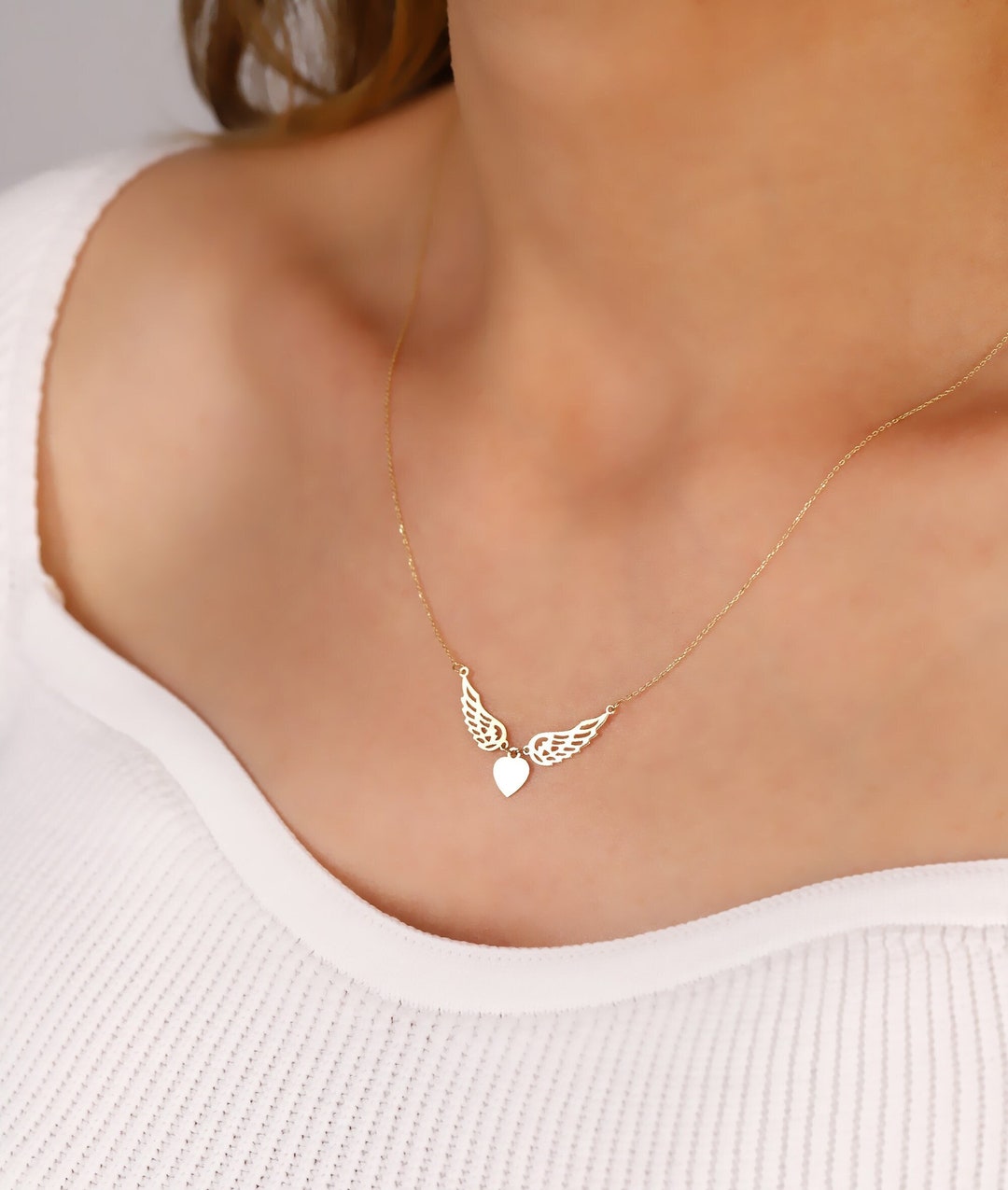 14k Solid Gold Angel Wings Necklace, Winged Heart Love Necklace, Flying ...