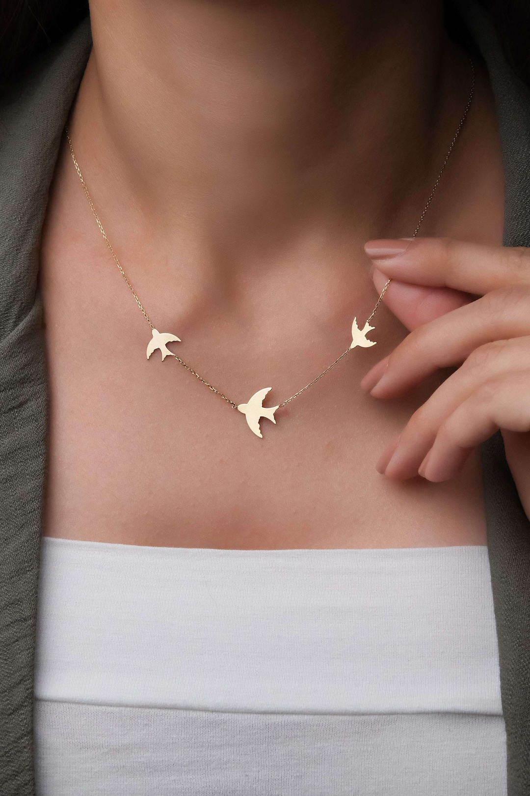 Solid Gold Birds Necklace, 14k Real Gold Birds Necklace, Three Bird ...