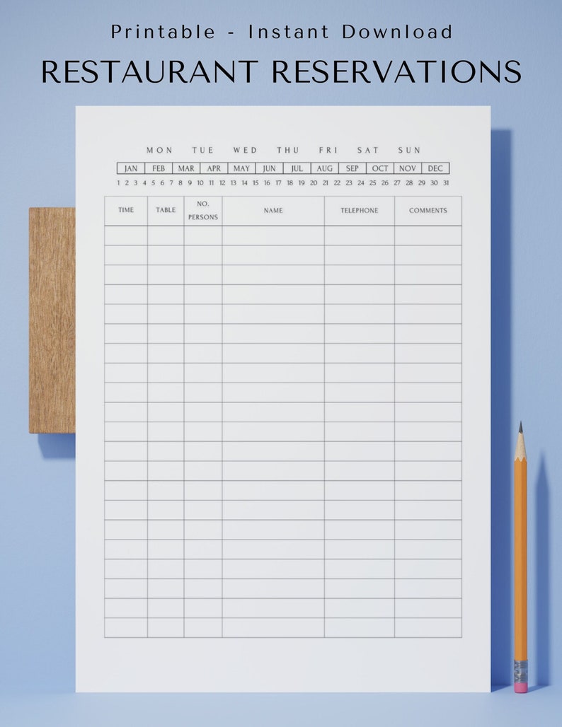 Restaurant Reservation Planner Reservation Book for Restaurants Daily Planner Printable Table ...