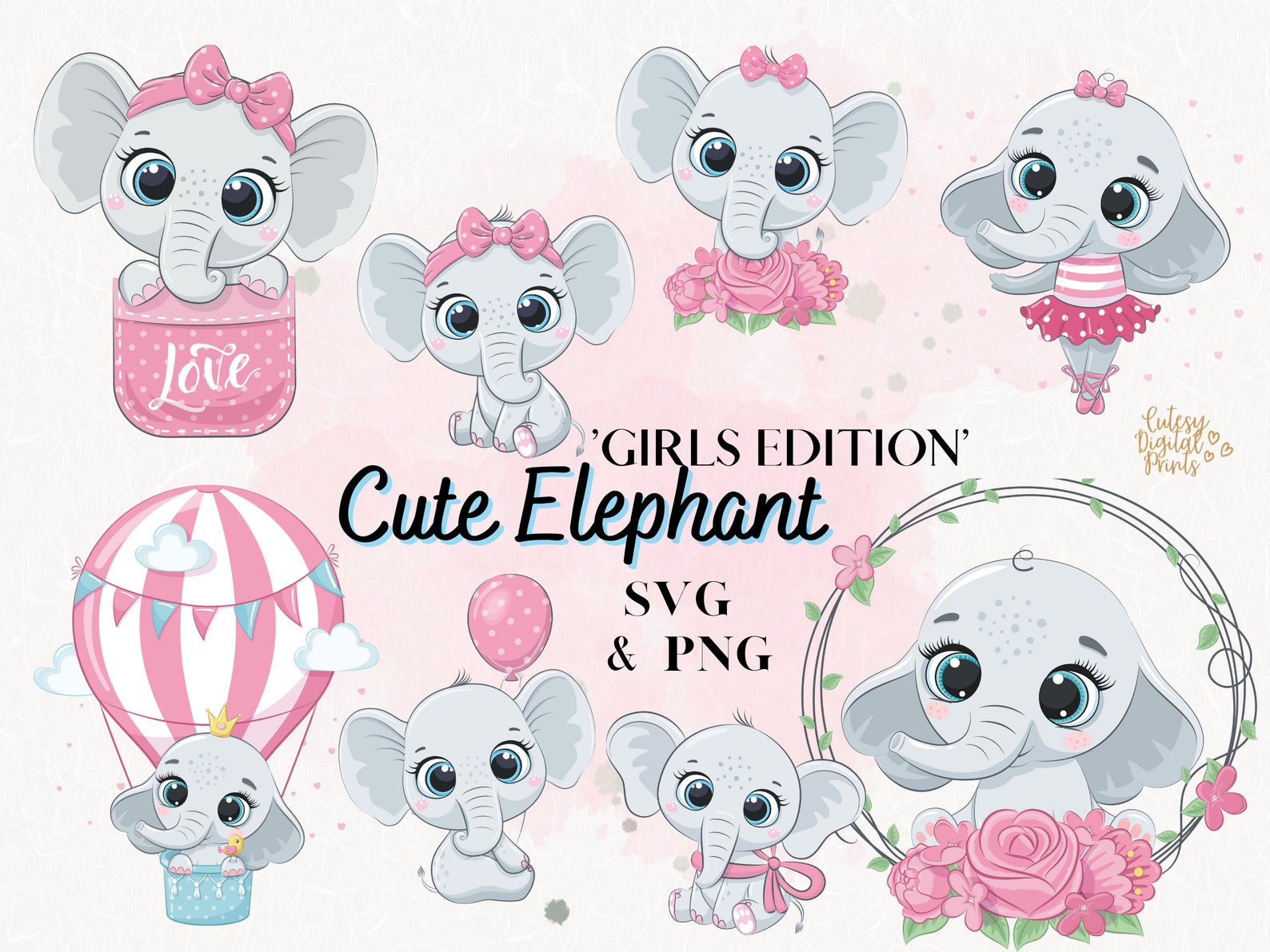 Cute Elephant Nursery Svg Bundle, Pink Elephant Svg, Baby Girl Clipart ...