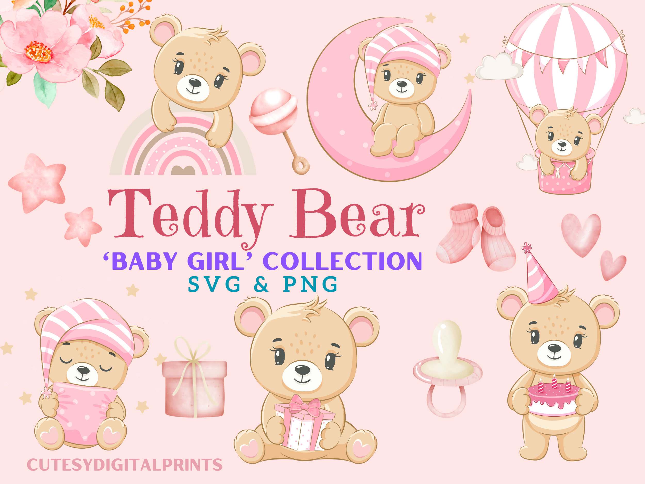 Teddy Bear Nursery Svg Bundle, Pink Bear Svg, Baby Girl Clipart, Baby ...