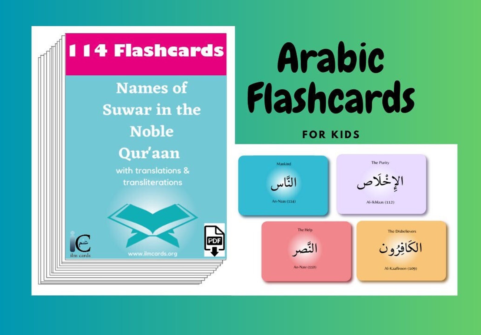 Names of Suwar in the Noble Qur'aan, Learn Arabic for Kids. Children's Cards. Bilingual English ...