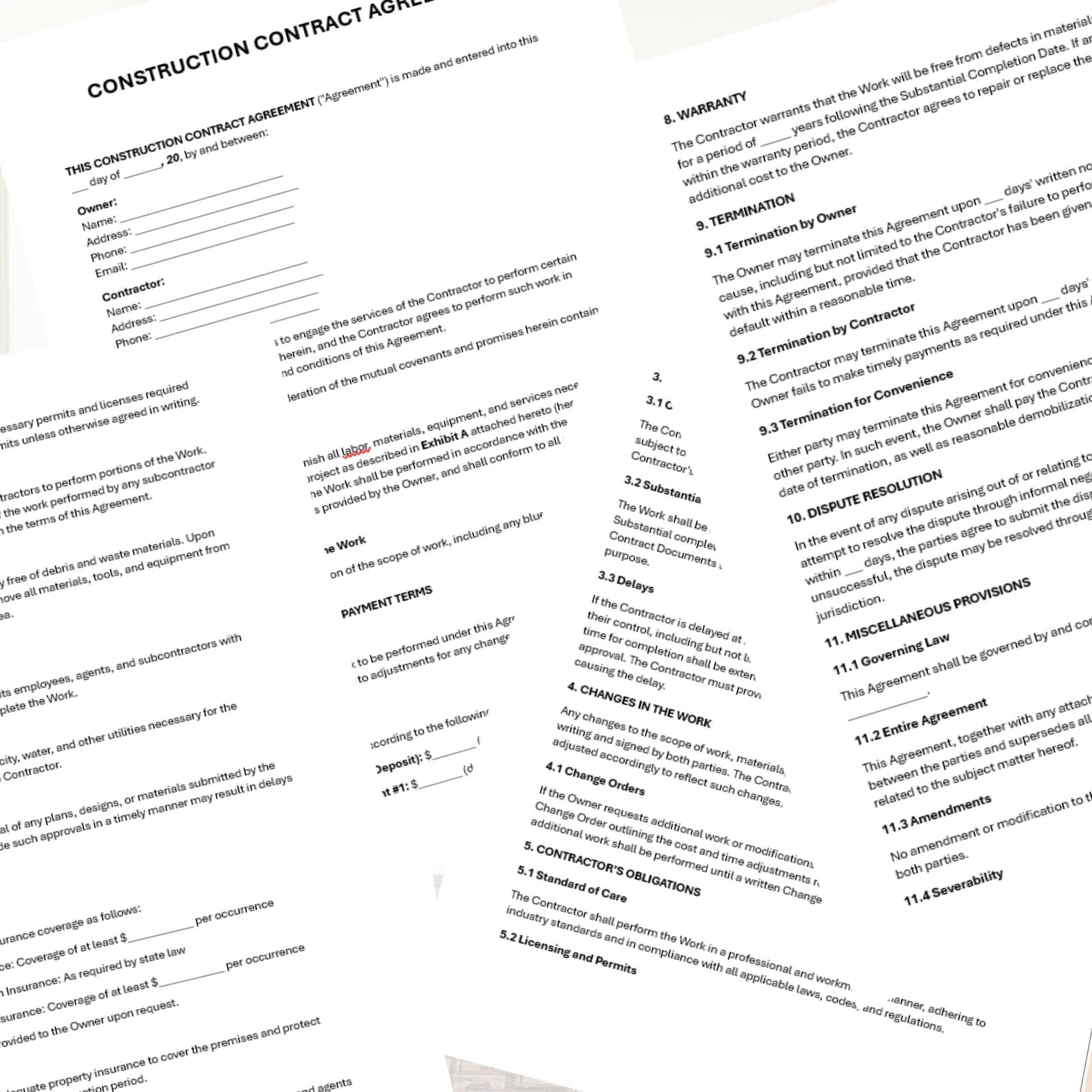 Construction Contract Agreement Template: Legal Building Form (PDF ...