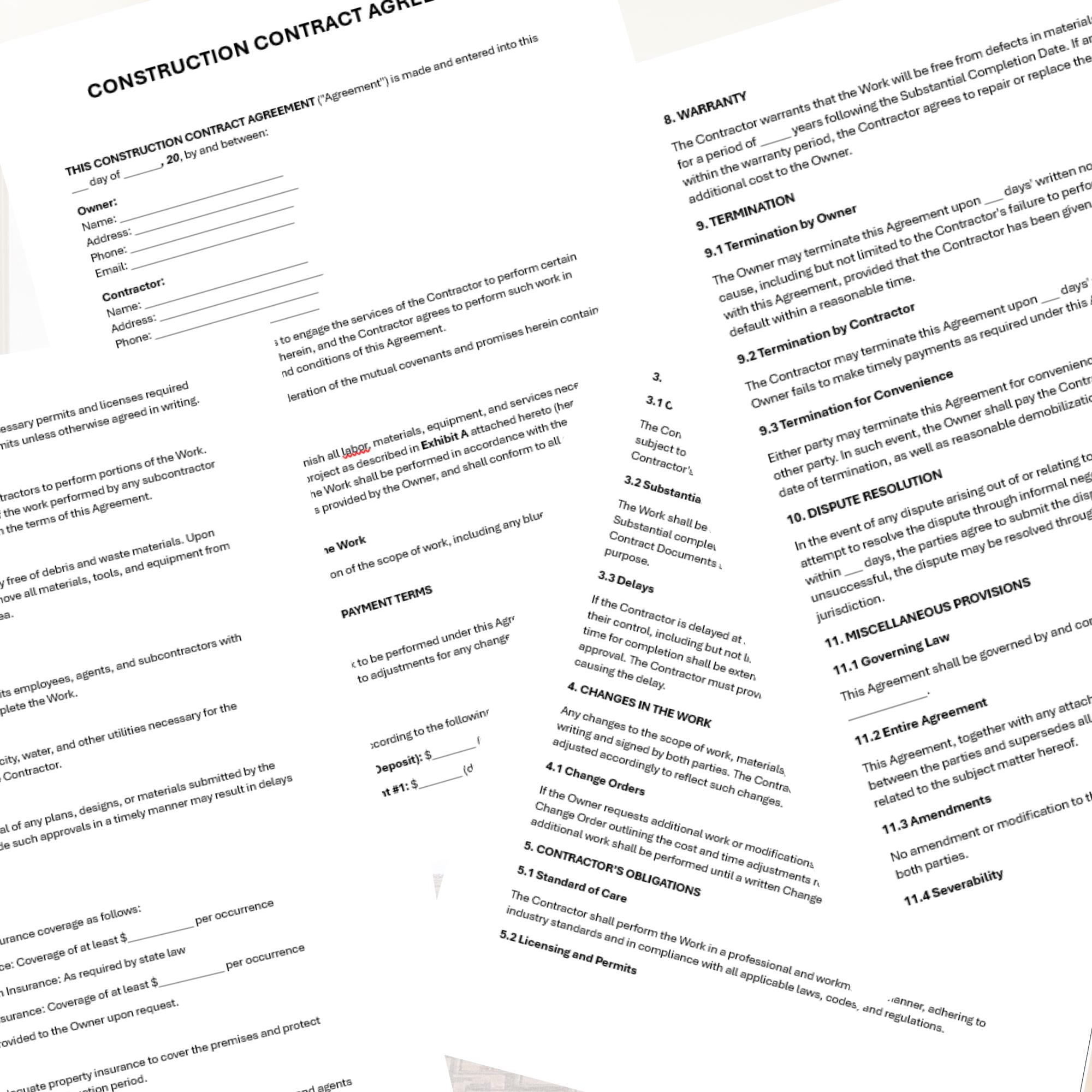 Construction Contract Agreement Template: Legal Building Form (PDF ...