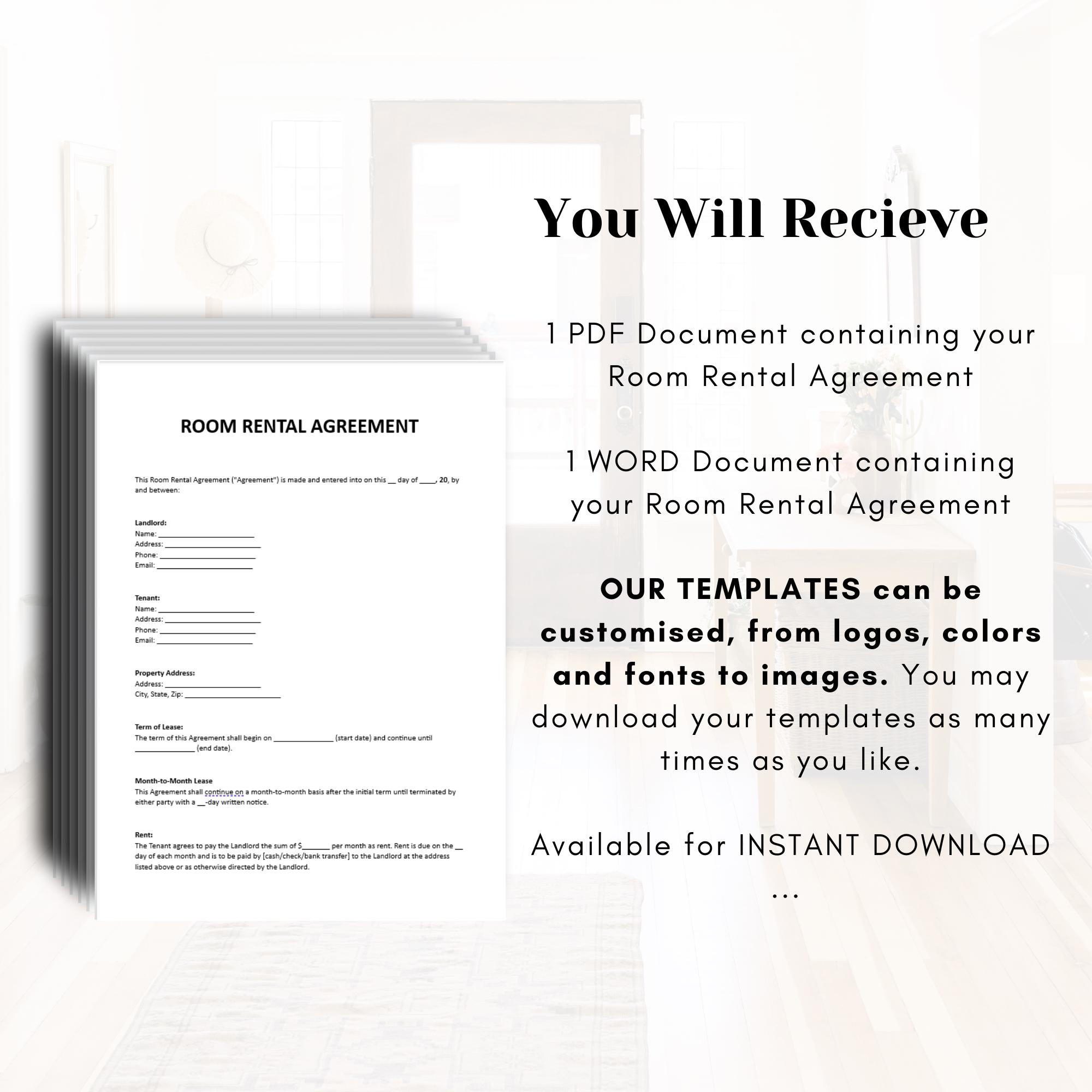 Room Rental Agreement Rent Room Lease Agreement Roommate Room Rental ...