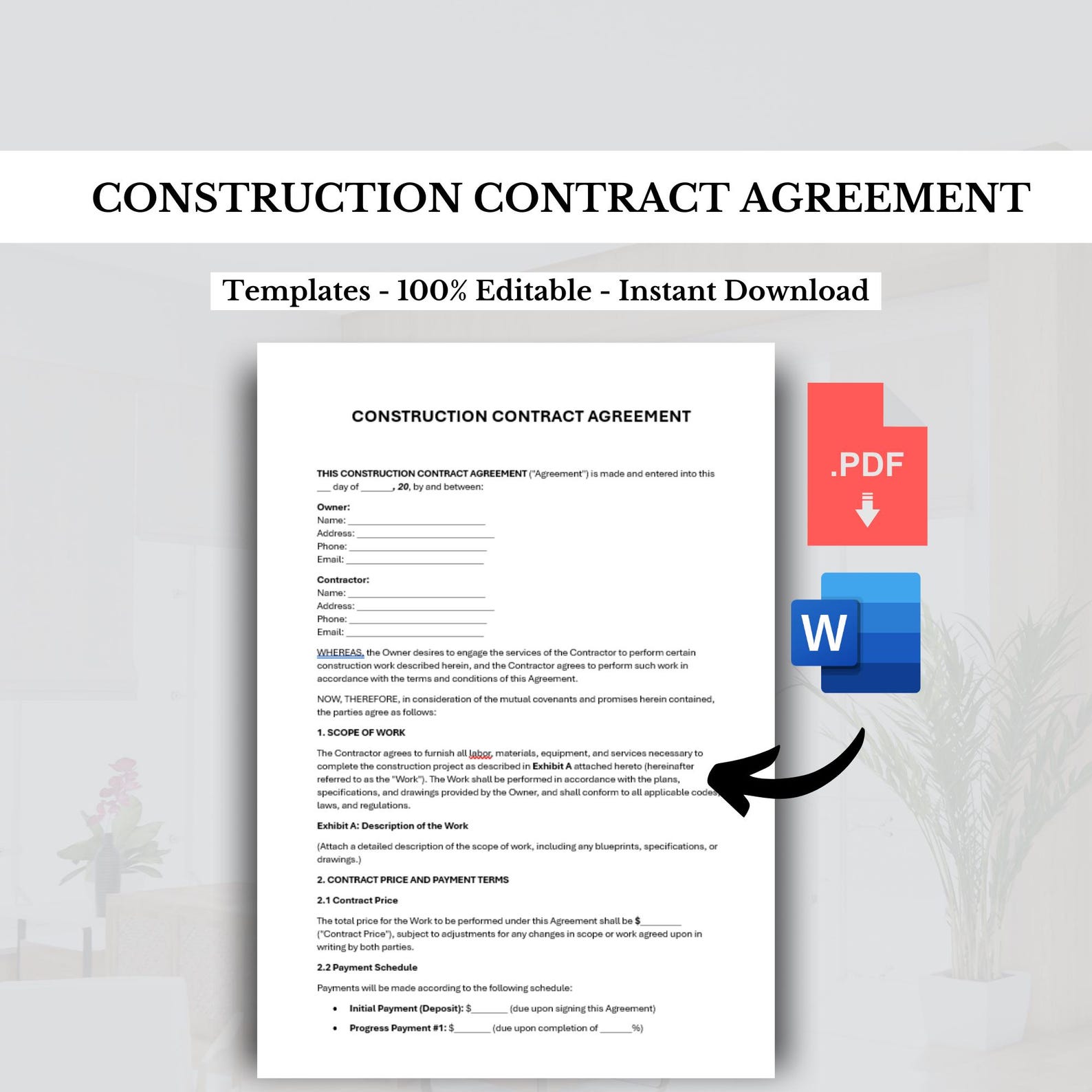 Construction Contract Agreement Template (PDF & Word) - Etsy