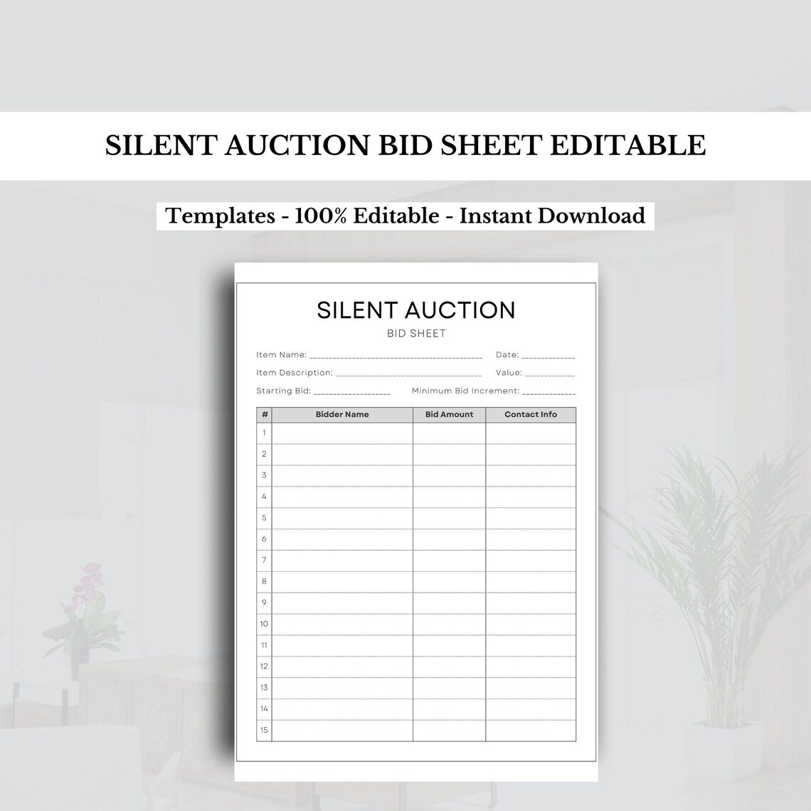Editable Silent Auction Bid Sheet Silent Auction Sign up Sheet ...