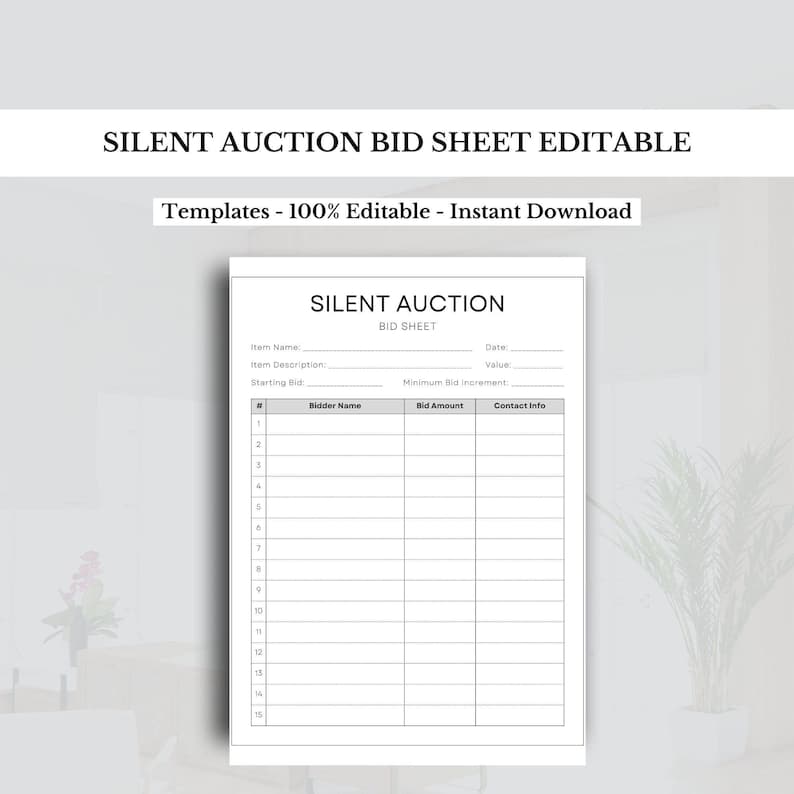 Editable Silent Auction Bid Sheet Silent Auction Sign up Sheet ...