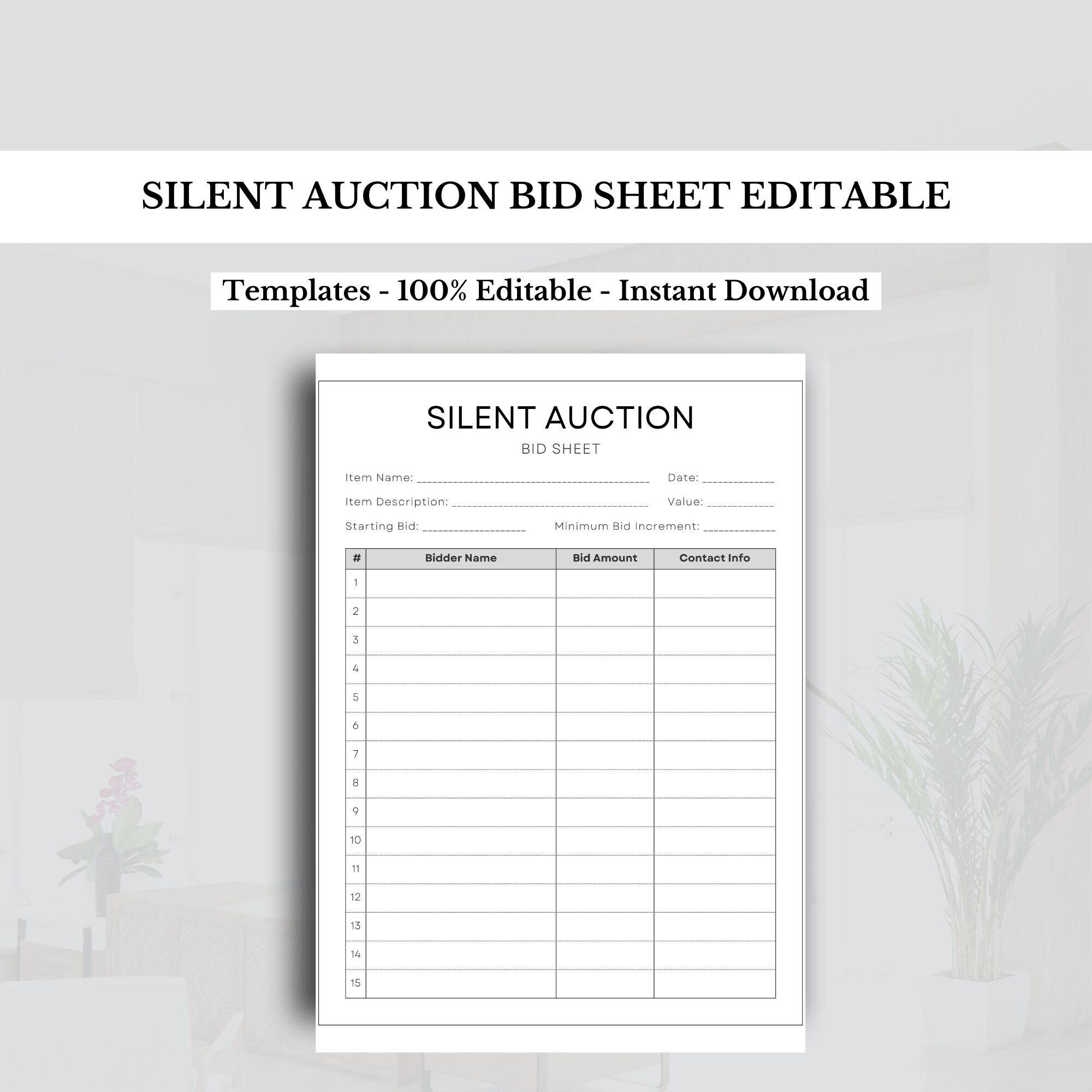 Editable Silent Auction Bid Sheet Silent Auction Sign up Sheet ...