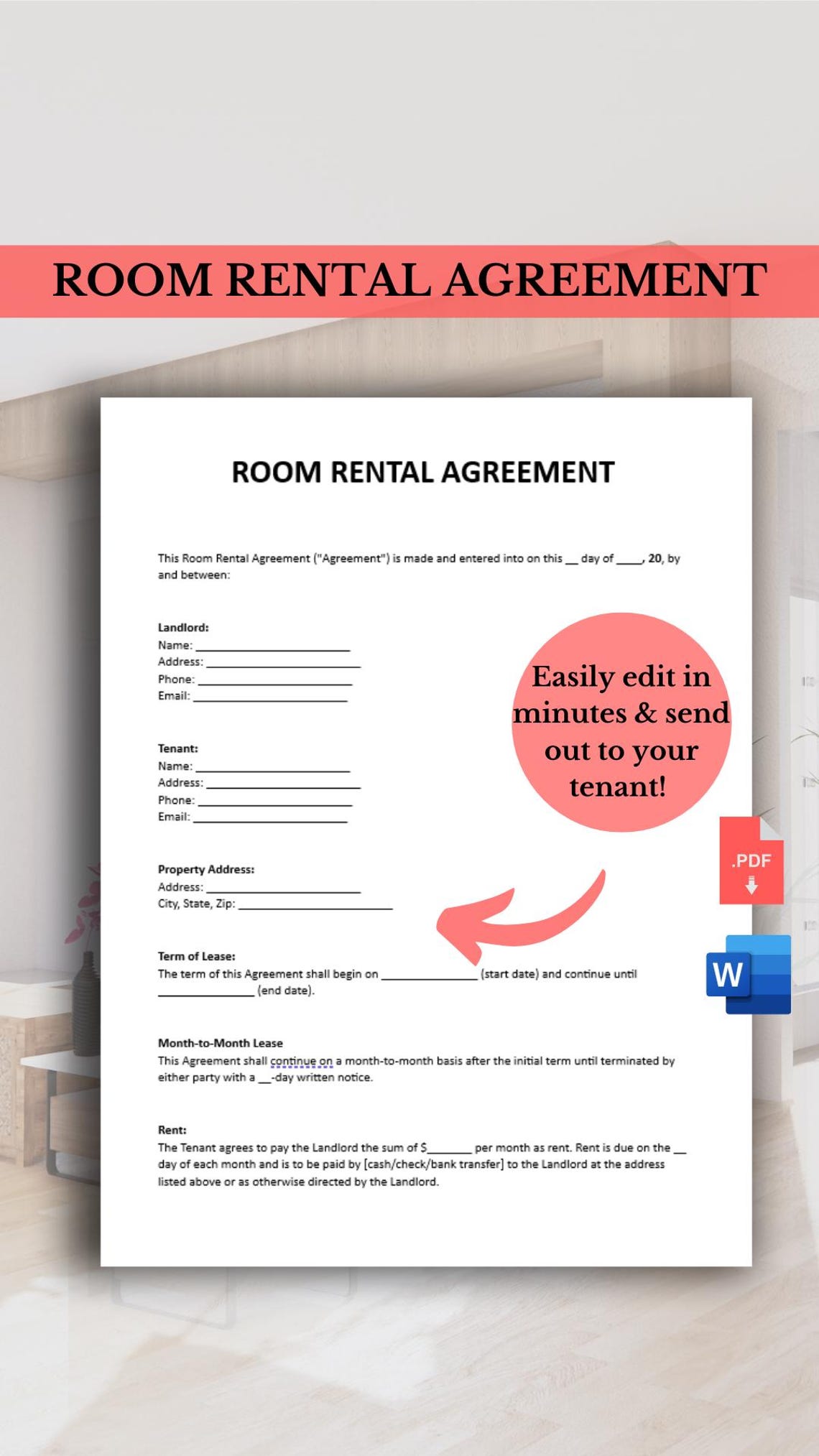 Room Rental Agreement Rent Room Lease Agreement Roommate Room Rental ...