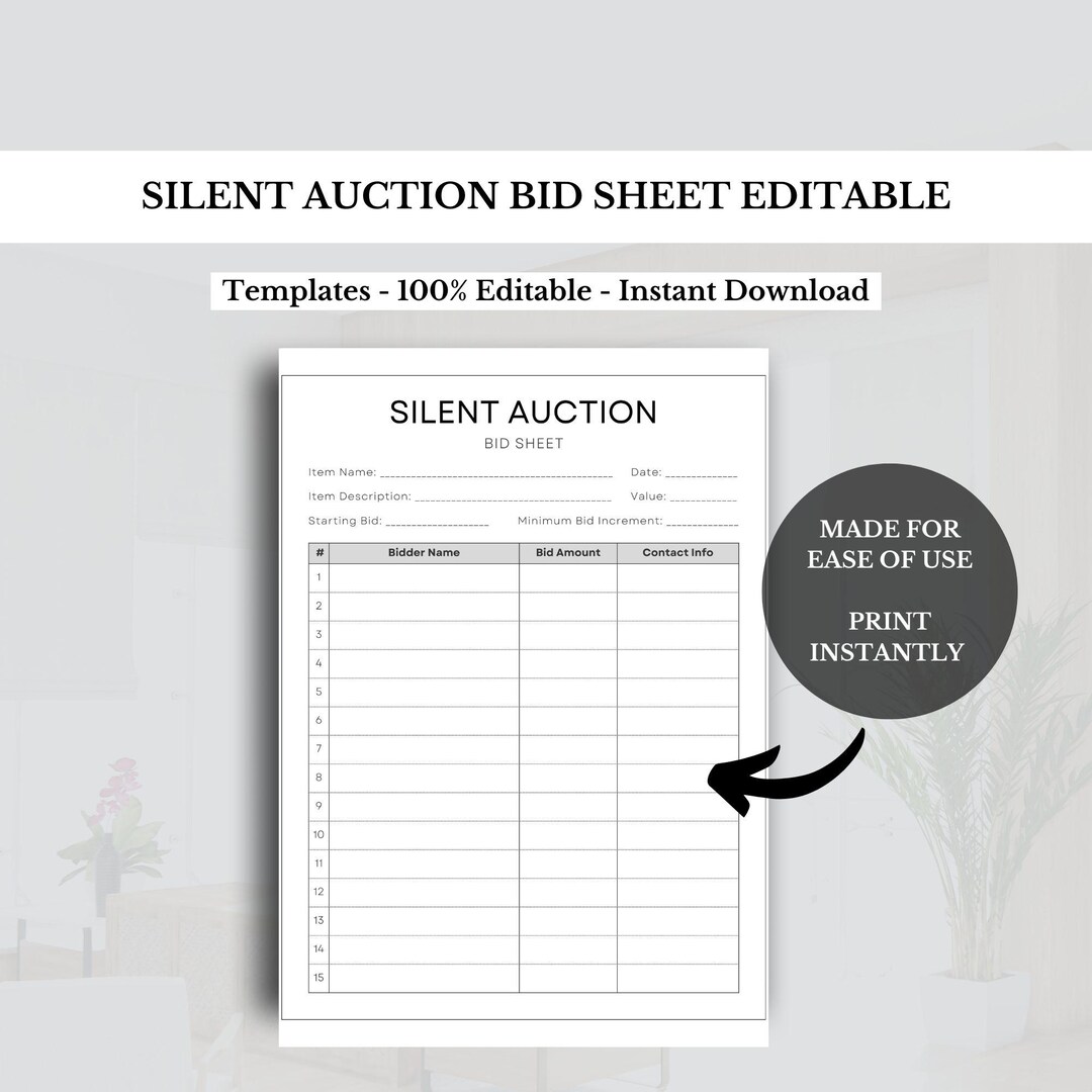 Editable Silent Auction Bid Sheet Silent Auction Sign up Sheet ...