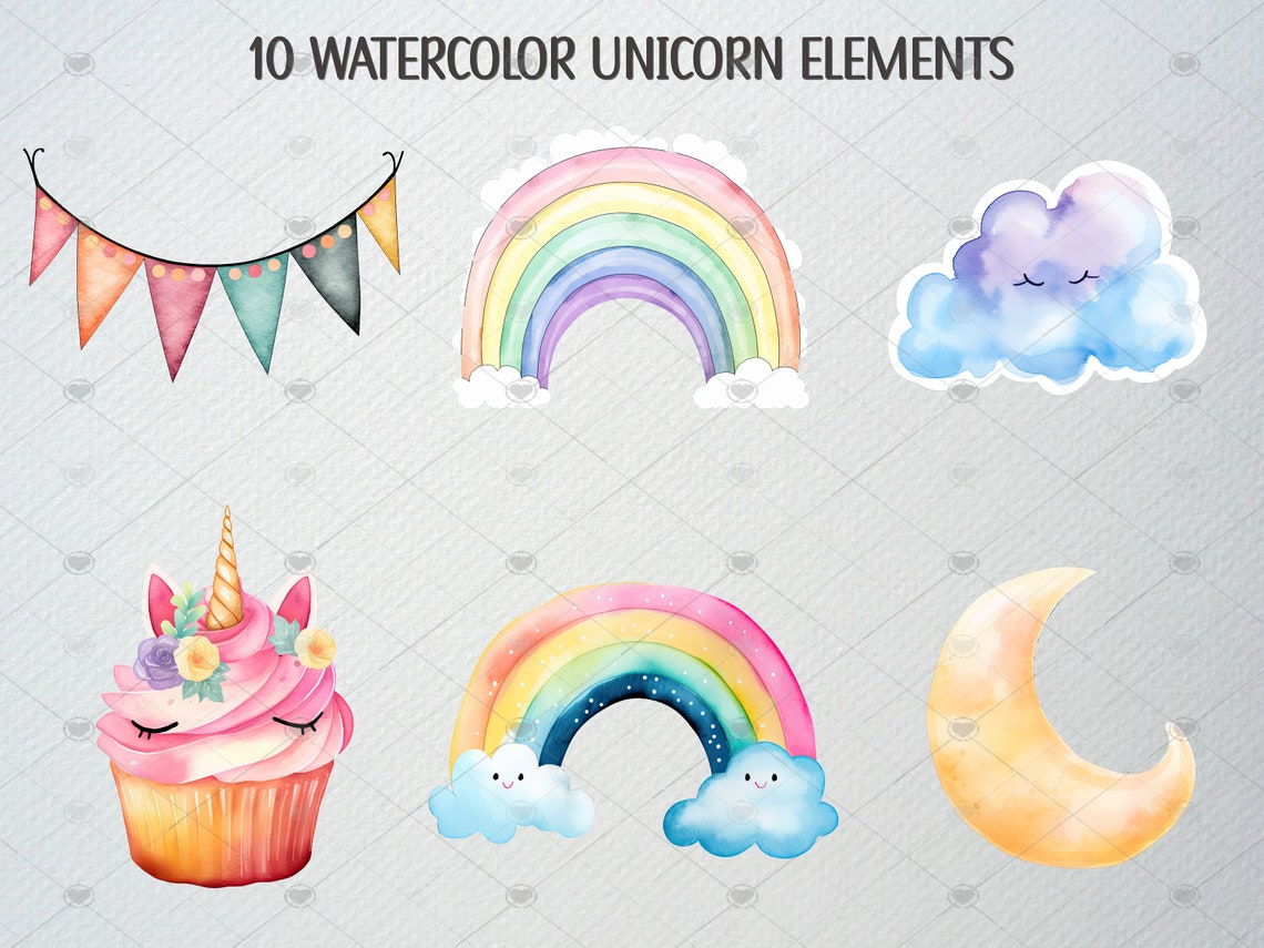 Watercolor Unicorn Clipart Set of 45 PNG Files, Baby Unicorn Clipart ...