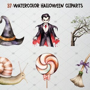 Watercolor Halloween Clipart Set of 37 PNG Files, Witch Clipart, Spooky ...