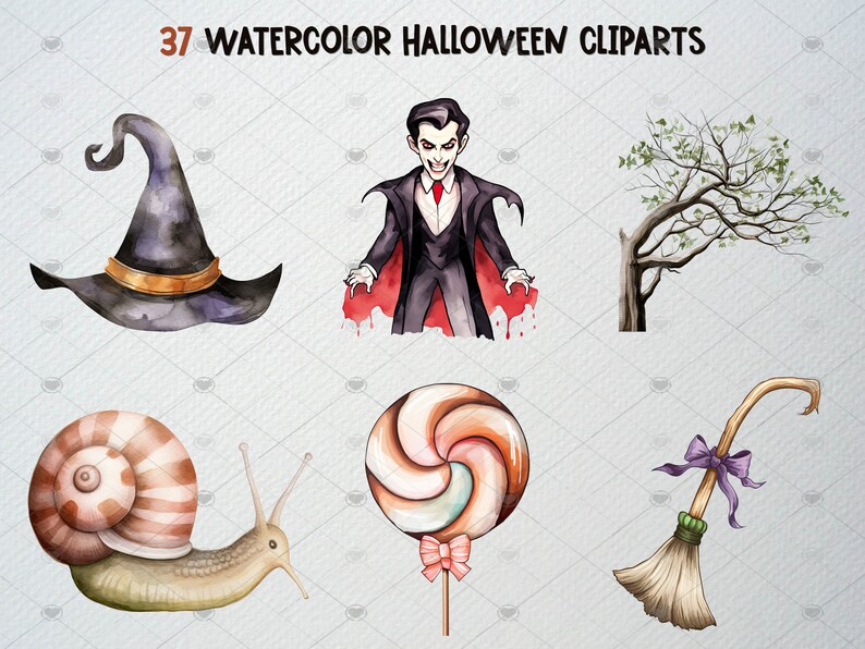 Watercolor Halloween Clipart Set of 37 PNG Files, Witch Clipart, Spooky ...