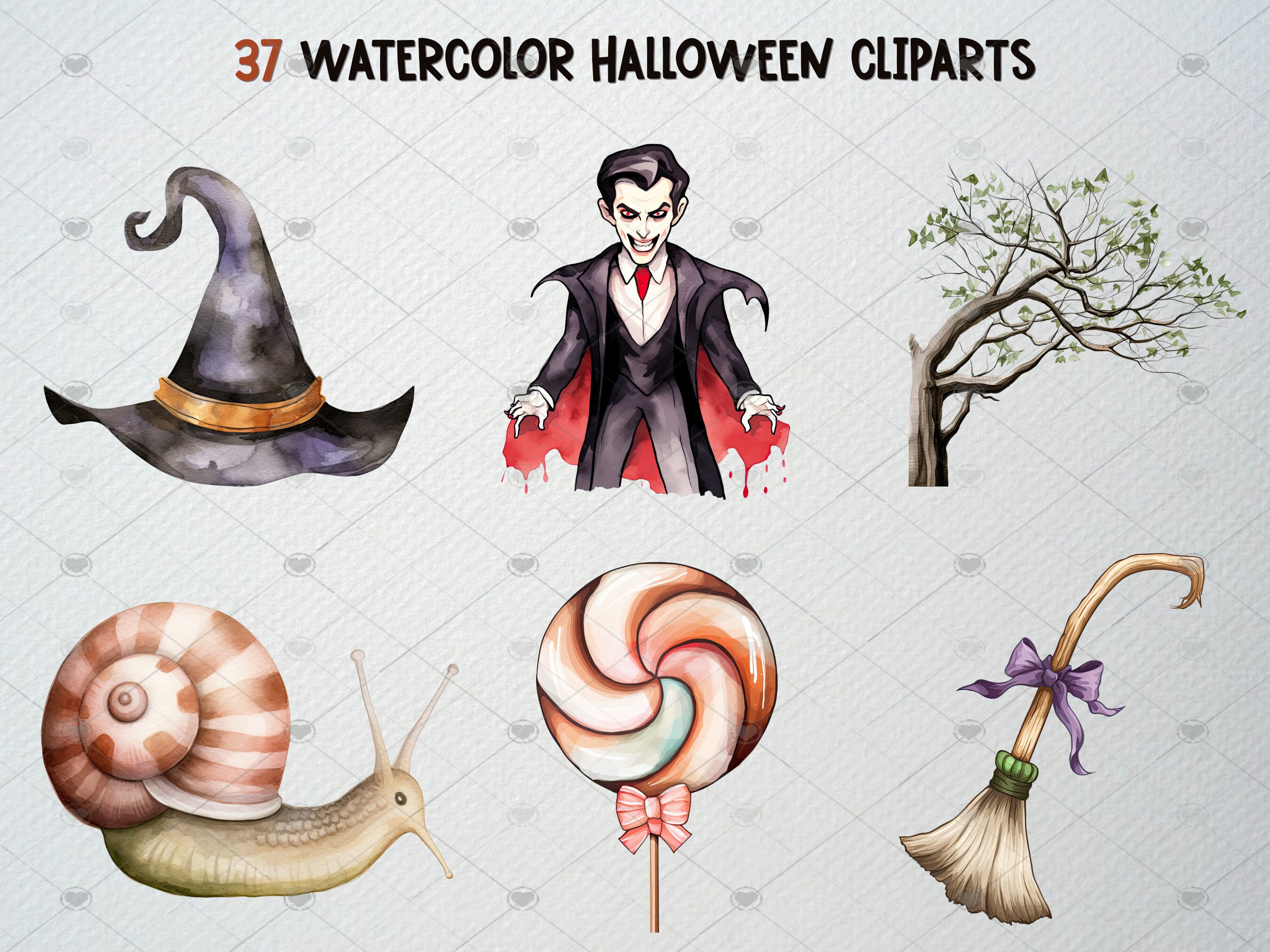Watercolor Halloween Clipart Set of 37 PNG Files, Witch Clipart, Spooky ...