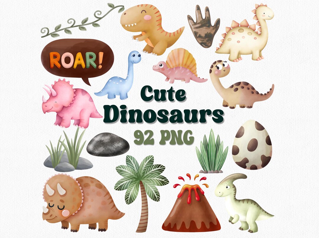 Cute Watercolor Dinosaur Clipart Set- Baby Dinosaur PNG, Dino Clipart ...