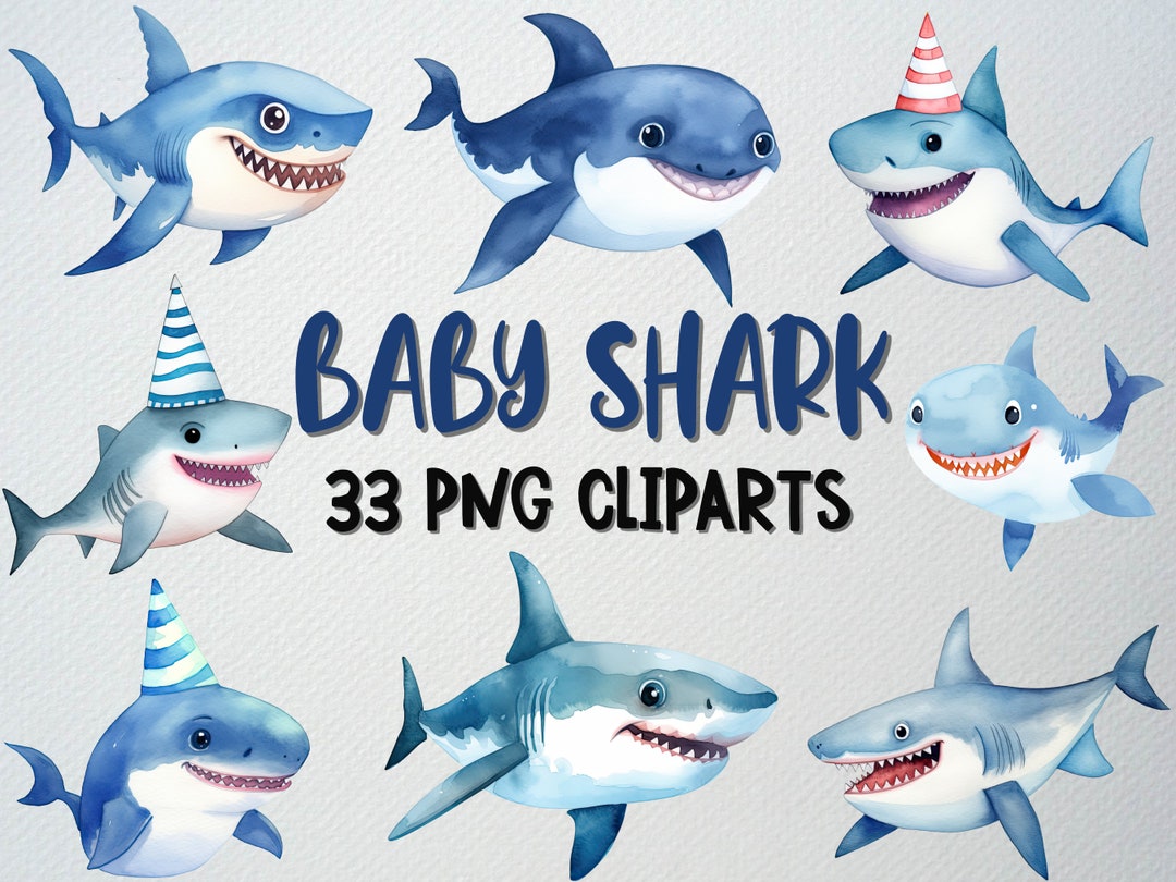 Watercolor Baby Shark Clipart Set: 33 PNG Illustrations (commercial ...