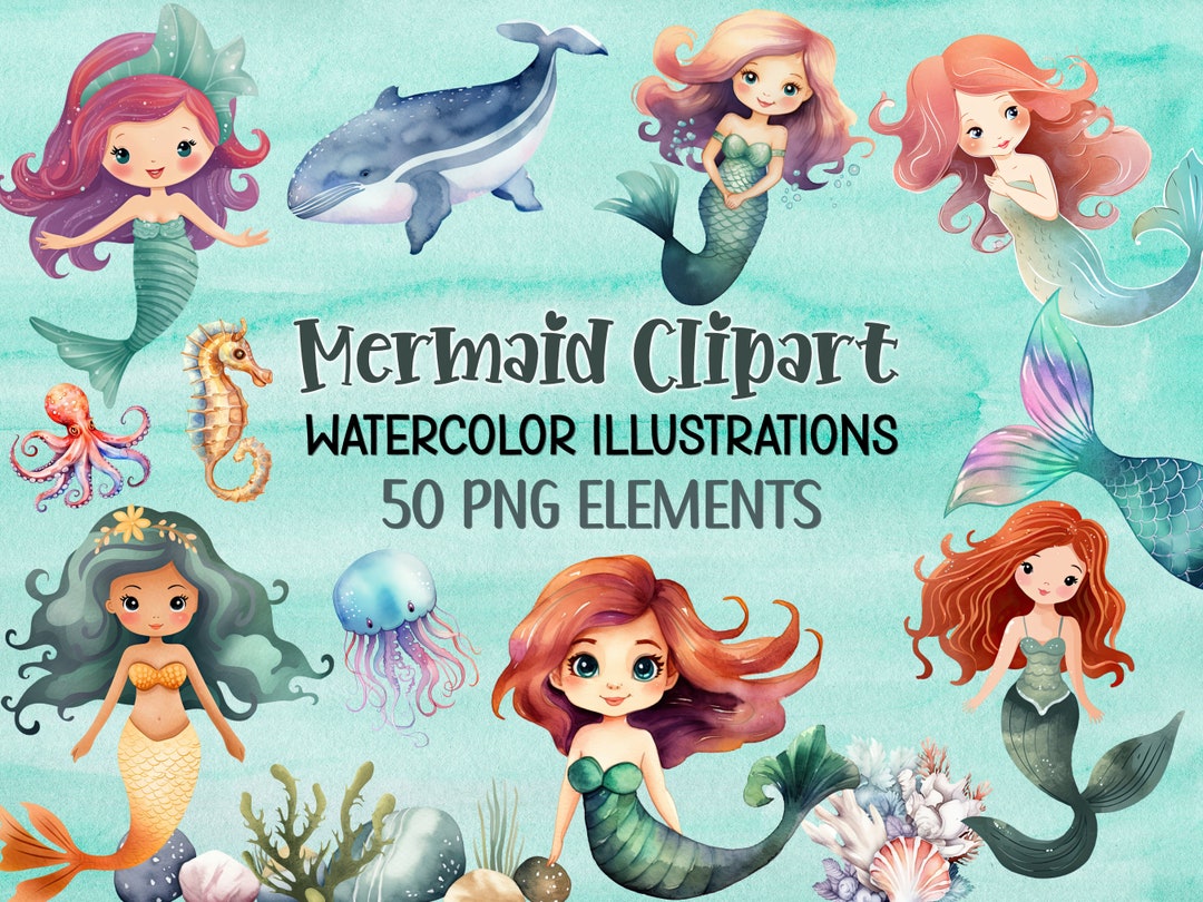 Watercolor Mermaid Clipart Set of 50 PNG Files, Little Mermaid Clipart ...