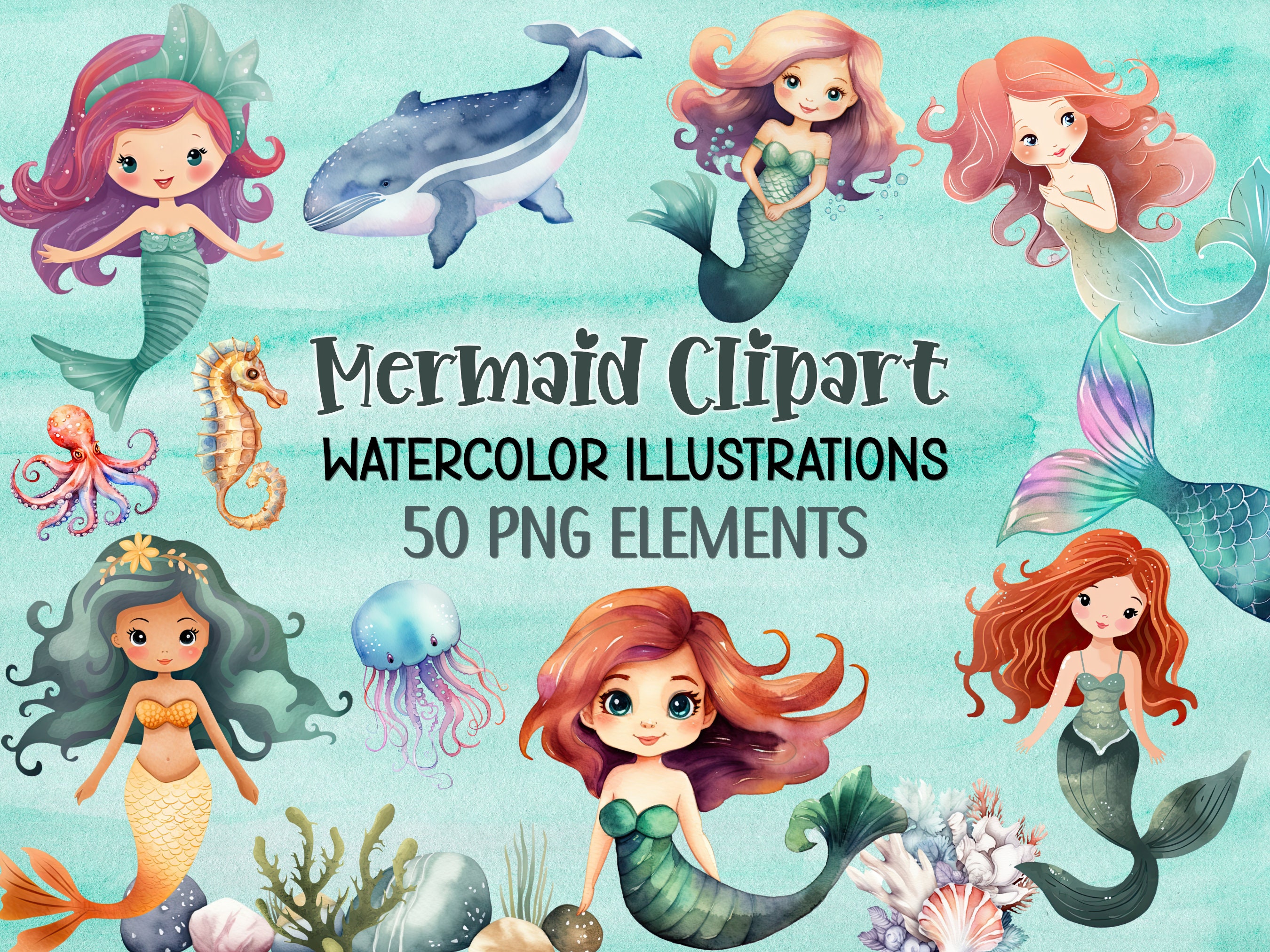 Watercolor Mermaid Clipart Set of 50 PNG Files, Little Mermaid Clipart ...