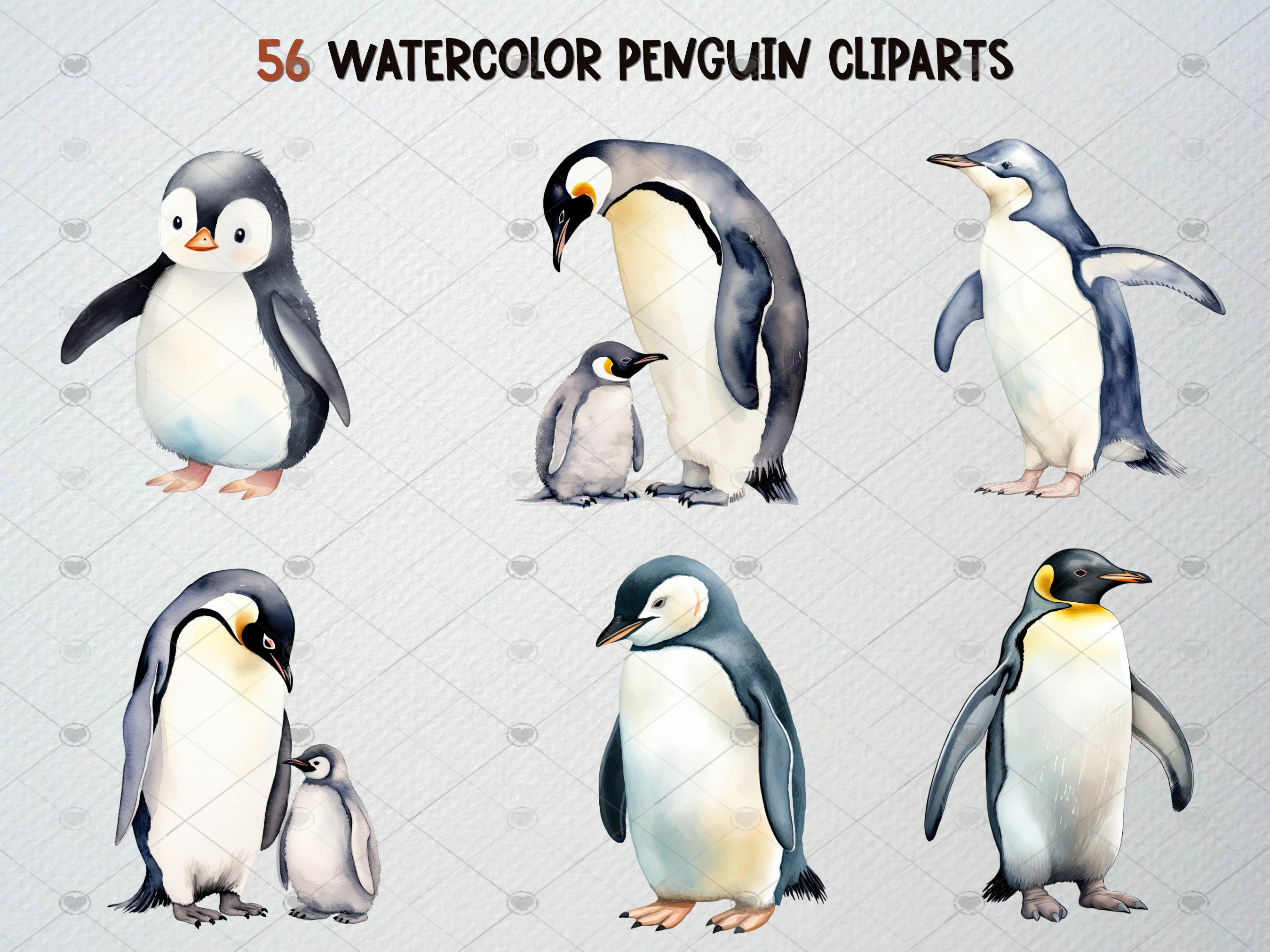 Watercolor Penguin Clipart Set: 56 PNG Files, Commercial License ...
