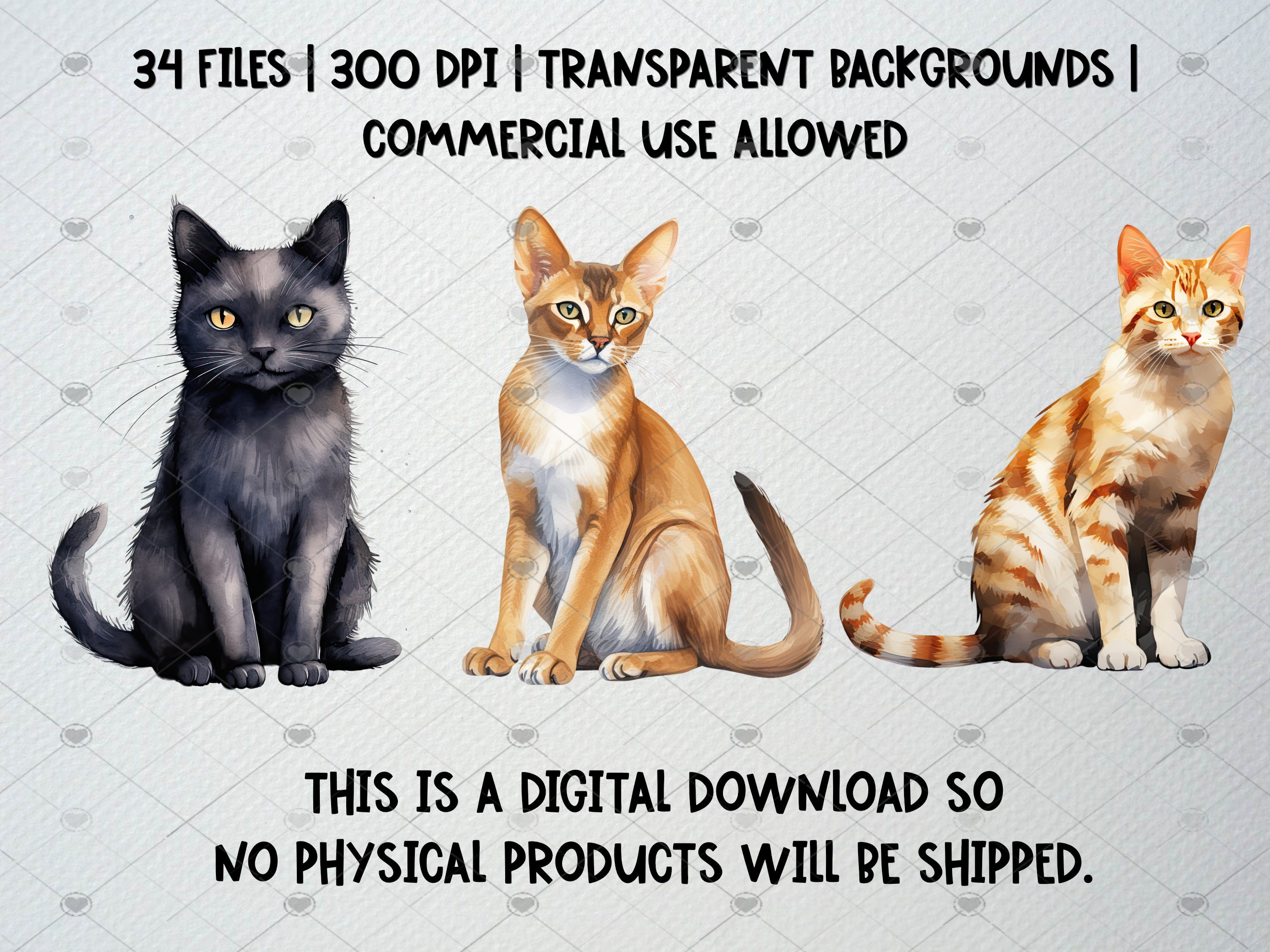 Watercolor Cat Clipart Set of 34 PNG Files, Kitten Clipart, Feline ...