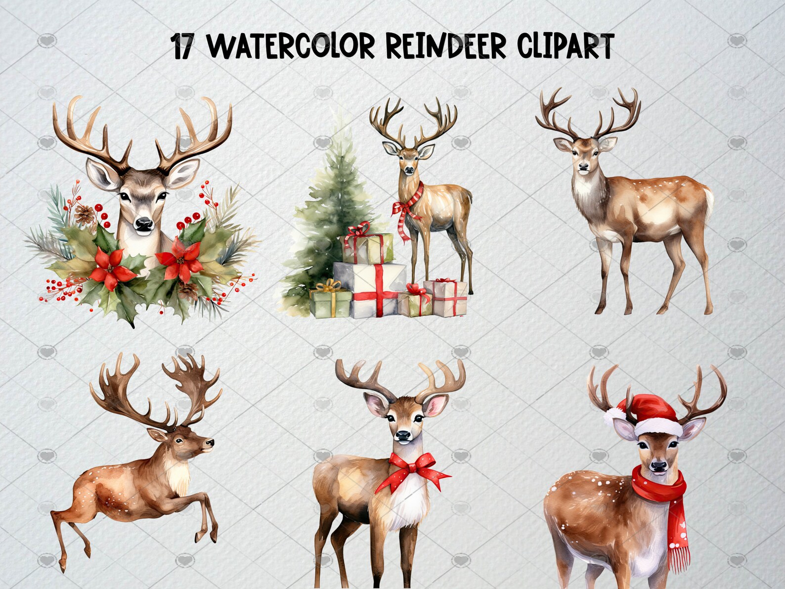 Watercolor Reindeer Clipart Set of 17 PNG Files, Christmas Clipart ...