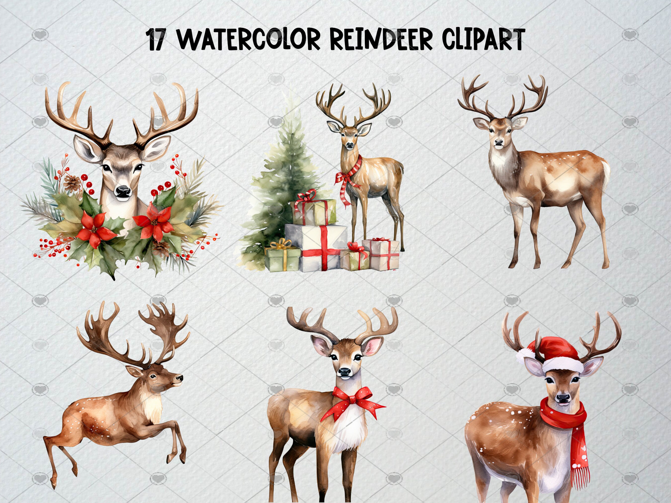 Watercolor Reindeer Clipart Set of 17 PNG Files, Christmas Clipart ...