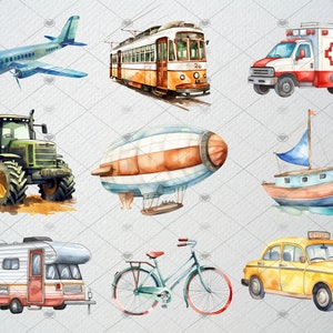 Watercolor Transportation Clipart Set of 40 PNG Files, Vehicles Clipart ...