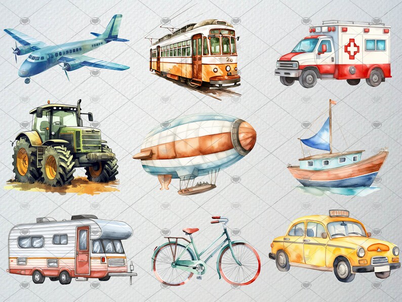 Watercolor Transportation Clipart Set of 40 PNG Files, Vehicles Clipart ...