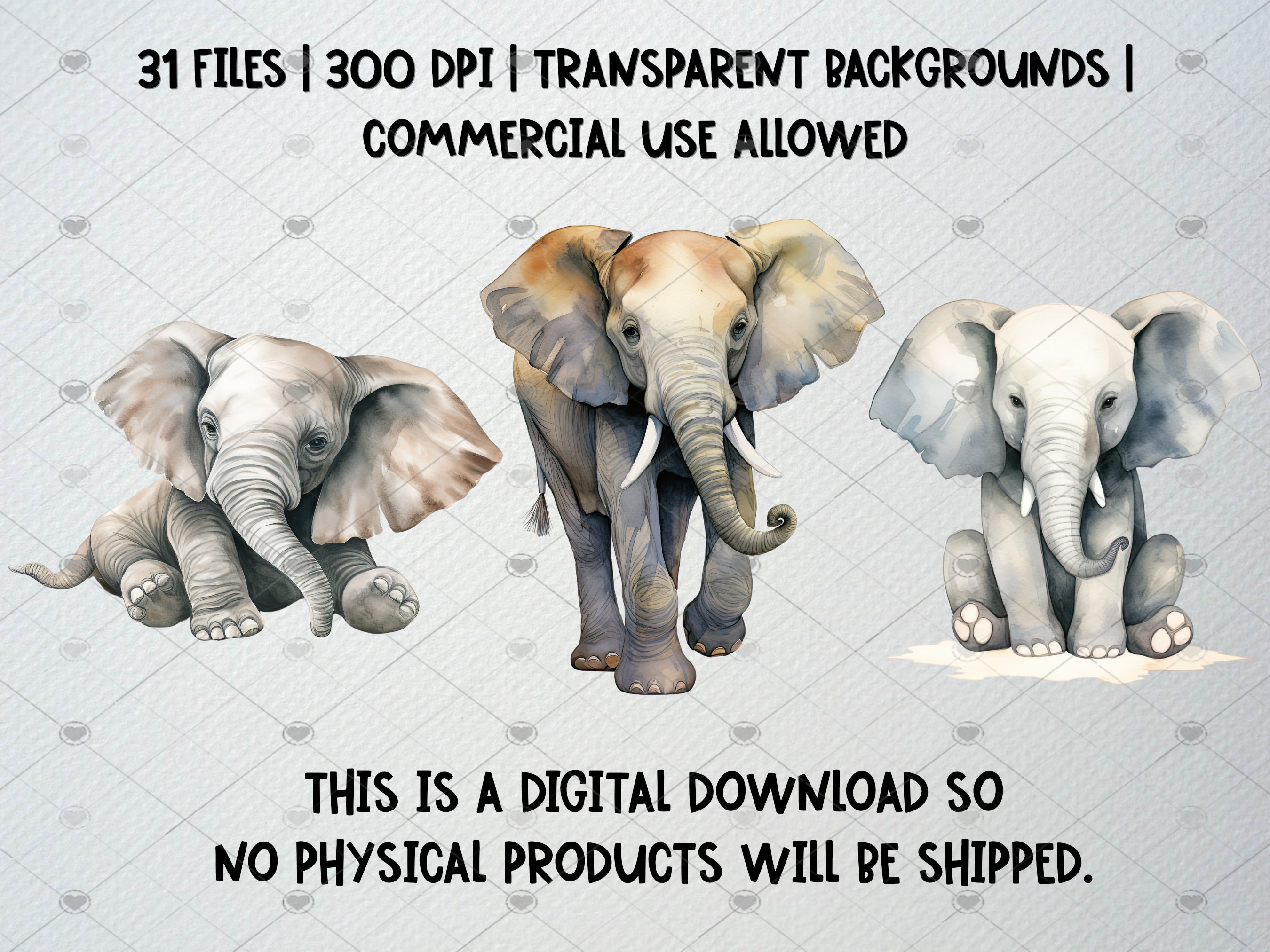 Watercolor Elephant Clipart Set of 31 PNG Files, Elephant Illustration ...