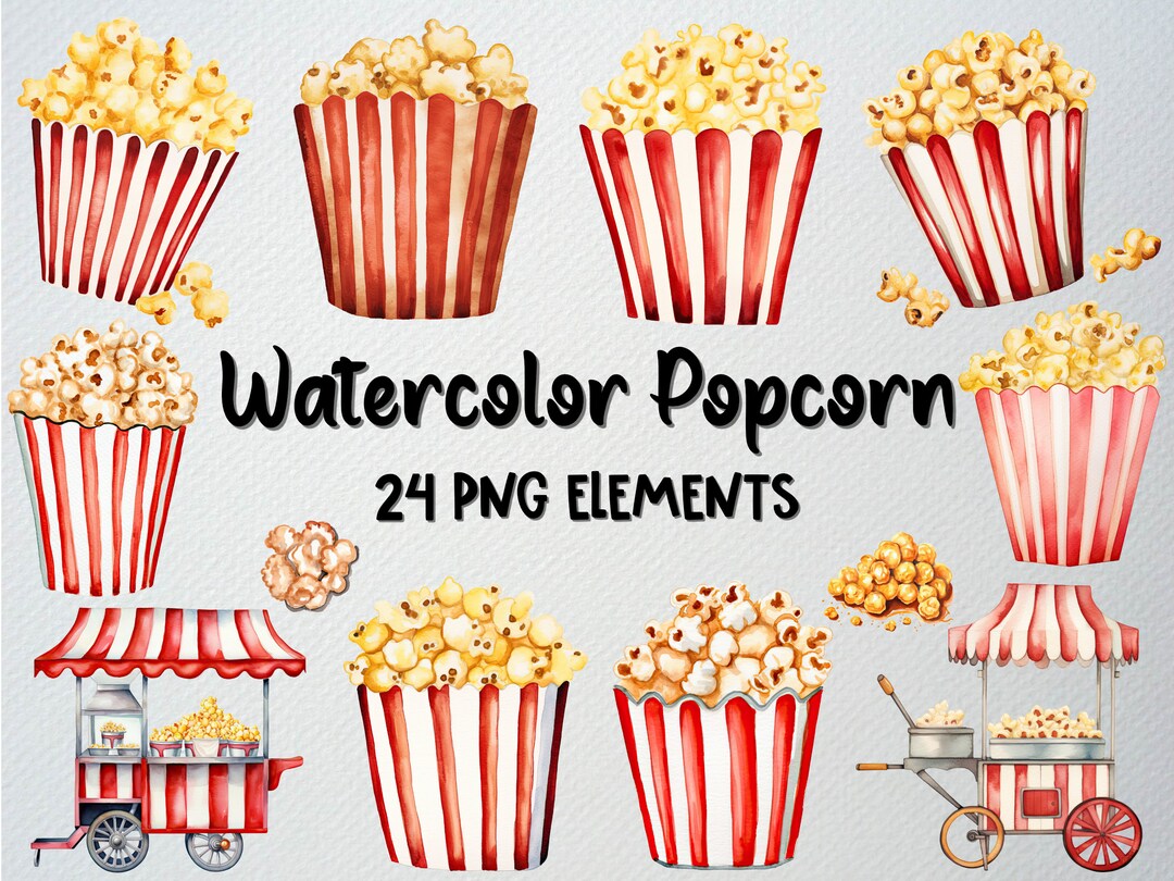 Watercolor Popcorn Clipart Set of 24 PNG Files, Popcorn Bucket Clipart ...