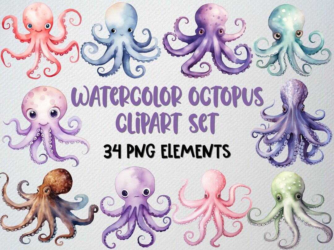 Watercolor Octopus Clipart Set of 34 PNG Files, Sea Animals Clipart ...