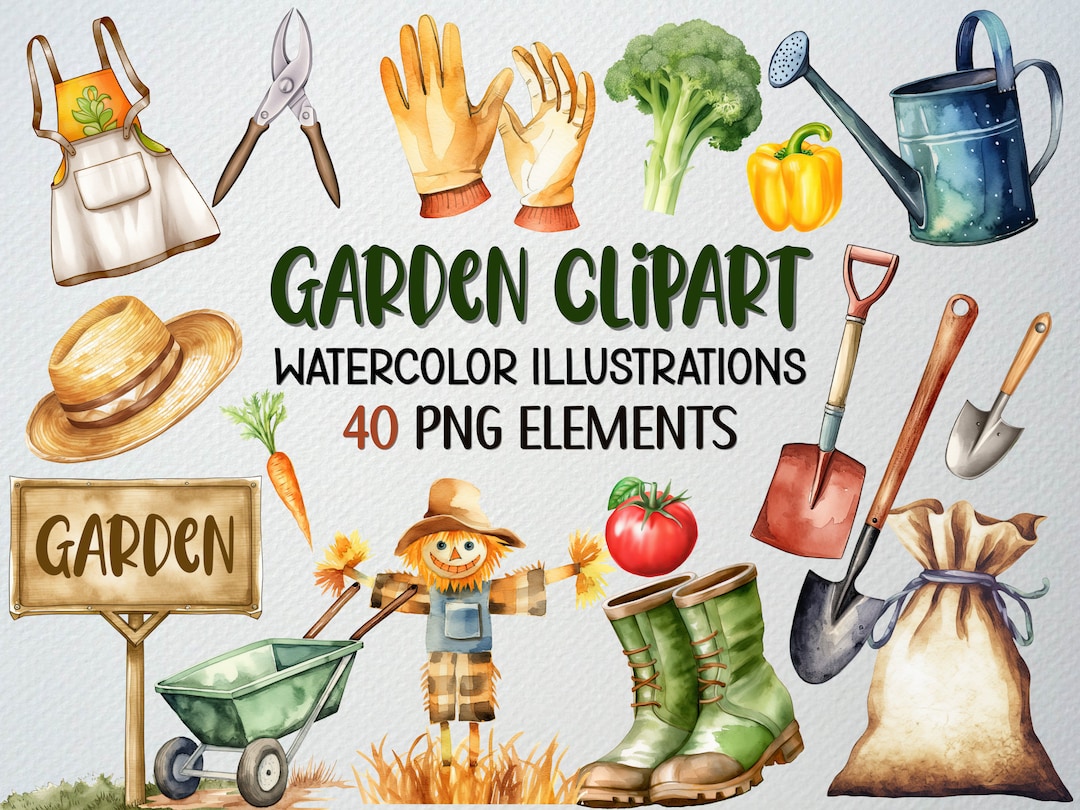 Watercolor Garden Clipart Set of 40 PNG Files, Gardening Clipart ...