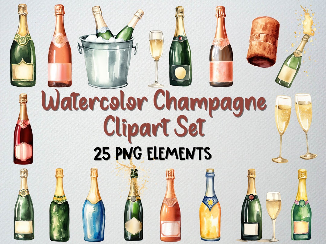 Watercolor Champagne Clipart Set: Celebration PNG Graphics (25 Files ...