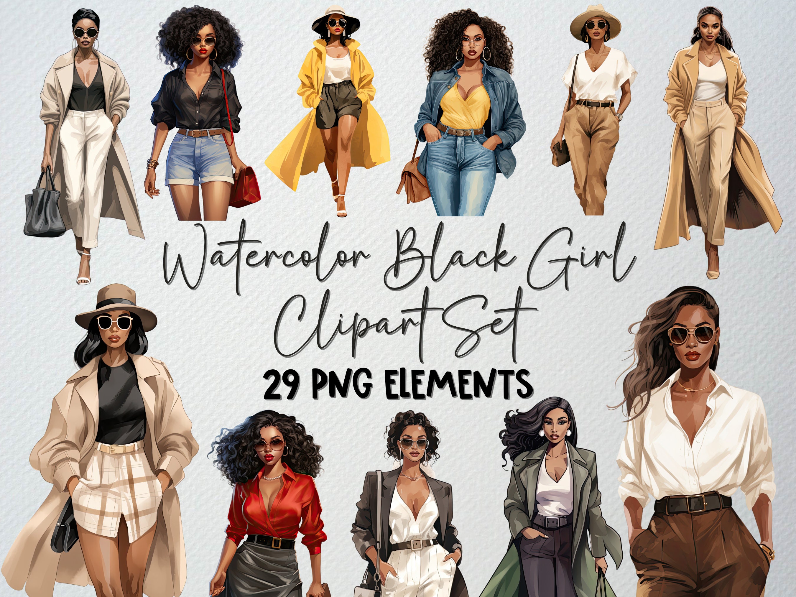 Watercolor Black Girl Clipart Set of 29 PNG Files, Black Girl ...