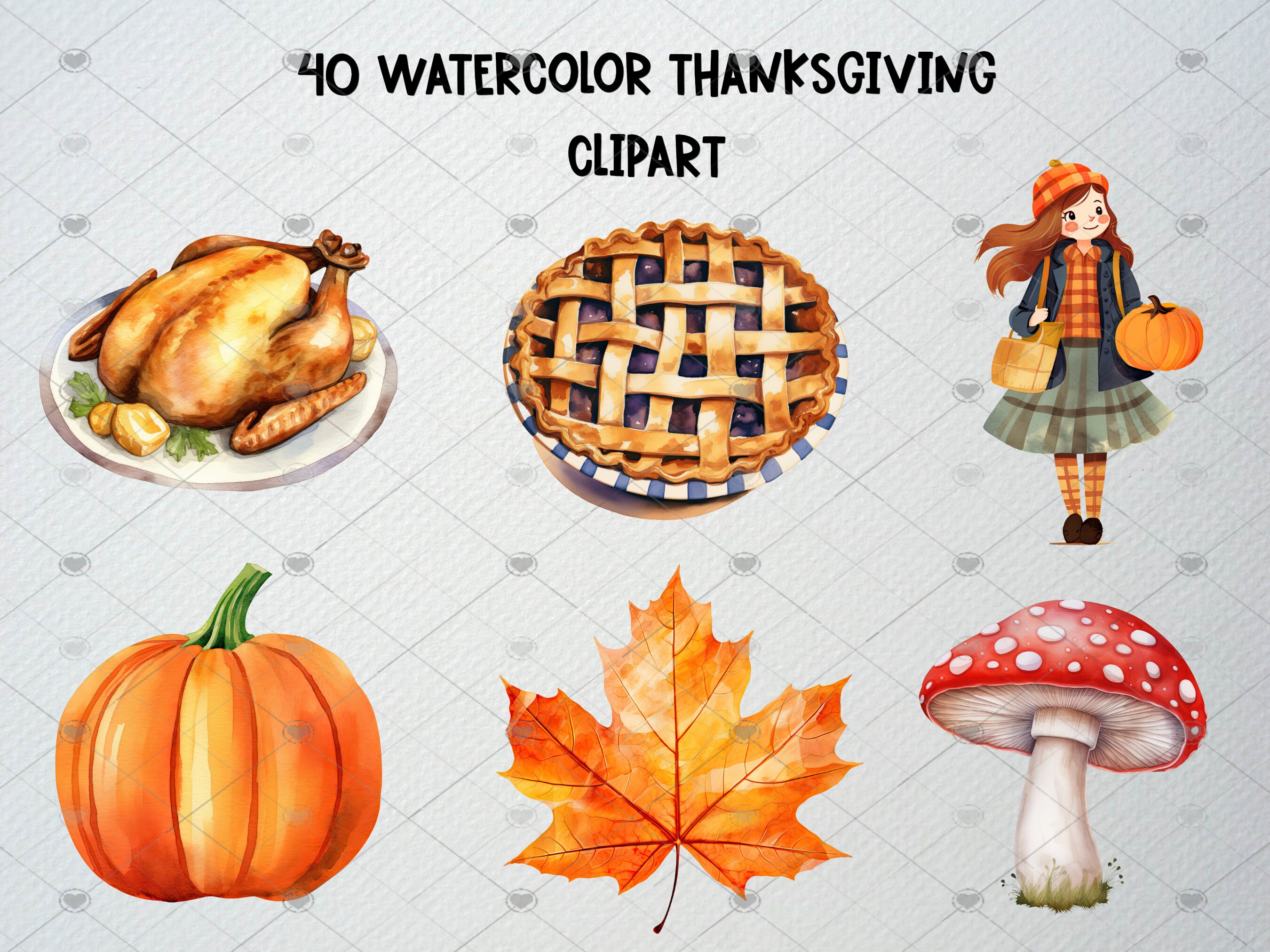 Watercolor Thanksgiving Clipart Set of 40 PNG Files, Fall Clipart ...
