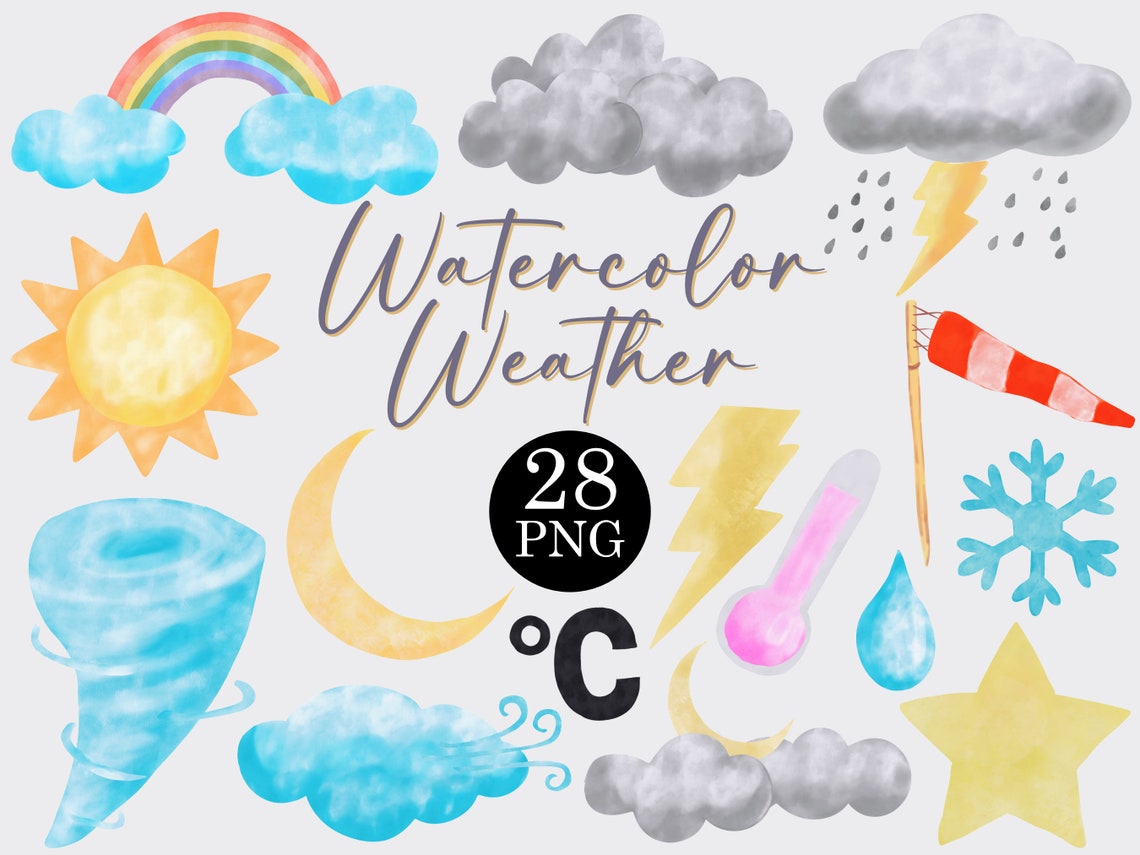 Watercolor Weather Clipart Set of 28 PNG Files, Rainbow Clipart, Cloud ...