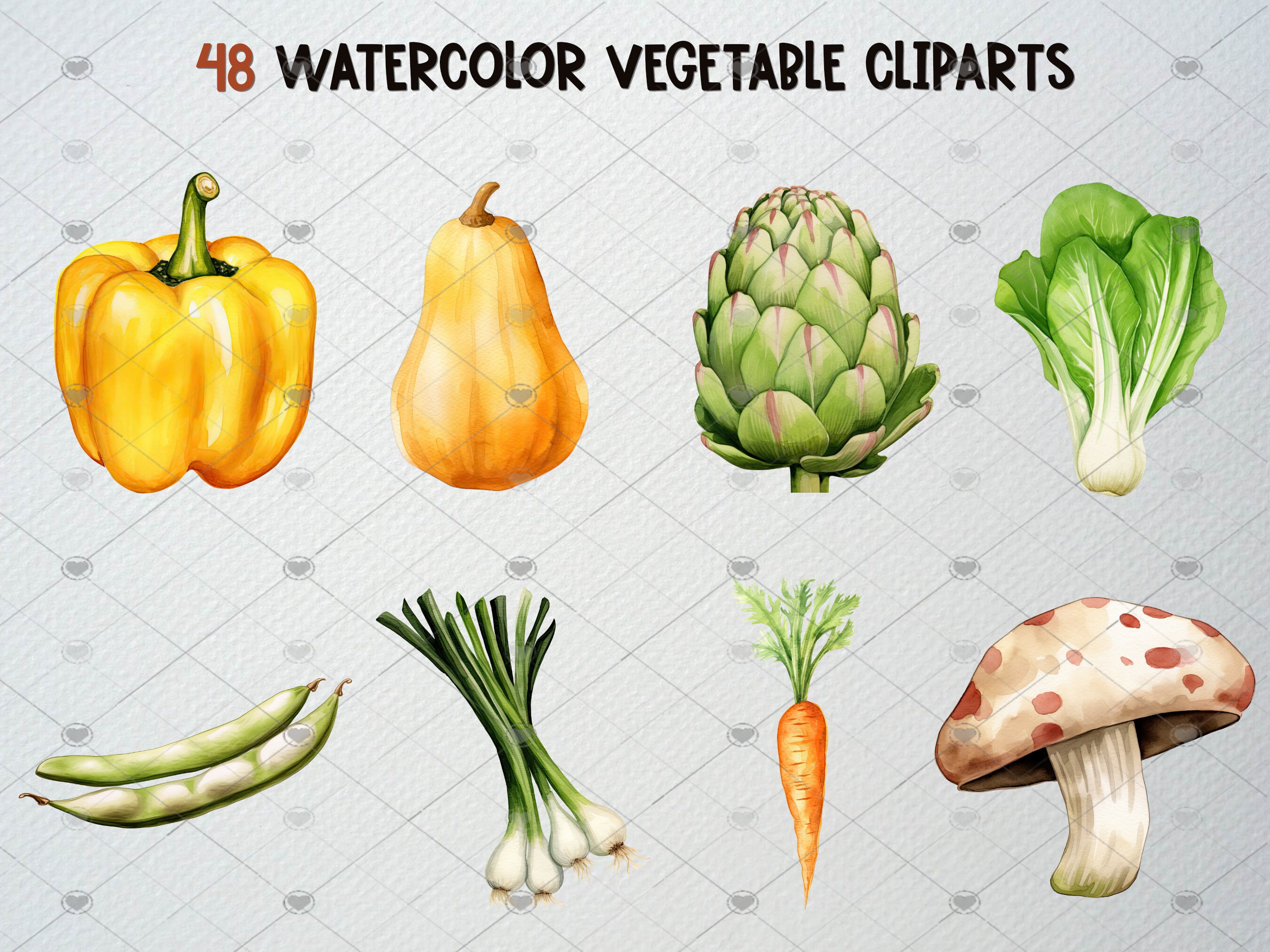 Watercolor Vegetable Clipart Set of 48 PNG Files, Veggie Clipart, Food ...